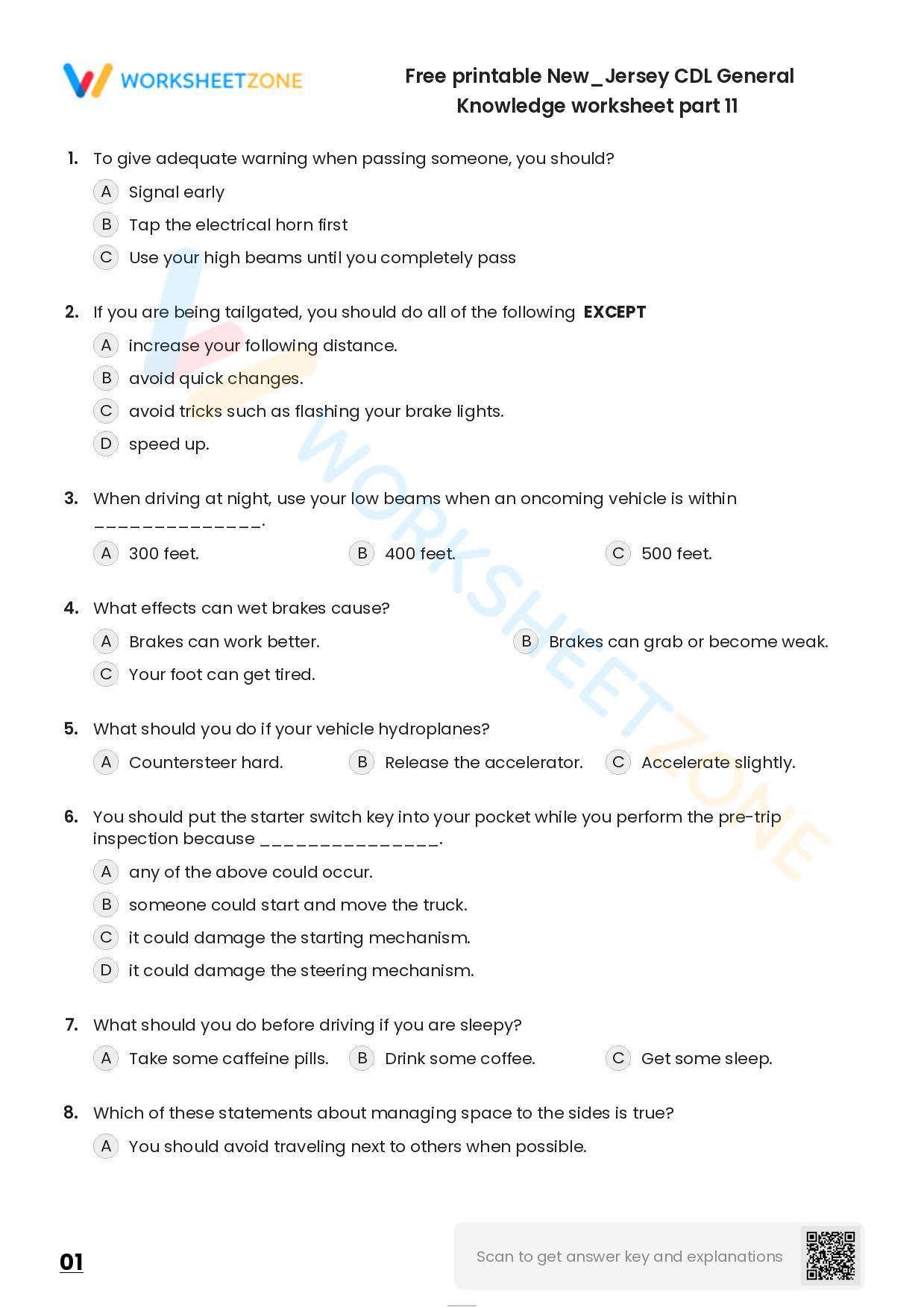 Free Printable New/Jersey CDL General Knowledge Worksheet Part 11