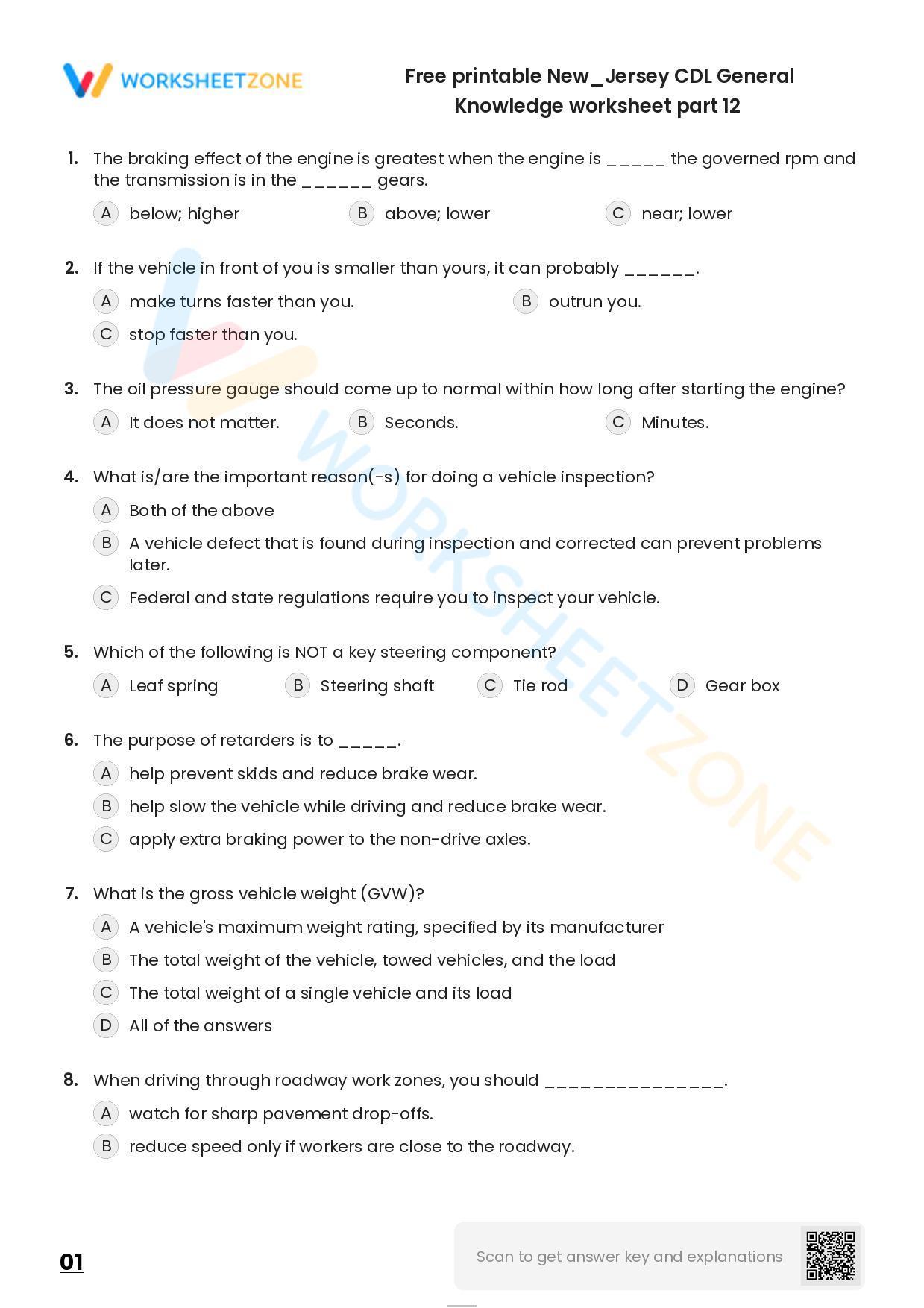 Free Printable New/Jersey CDL General Knowledge Worksheet Part 12