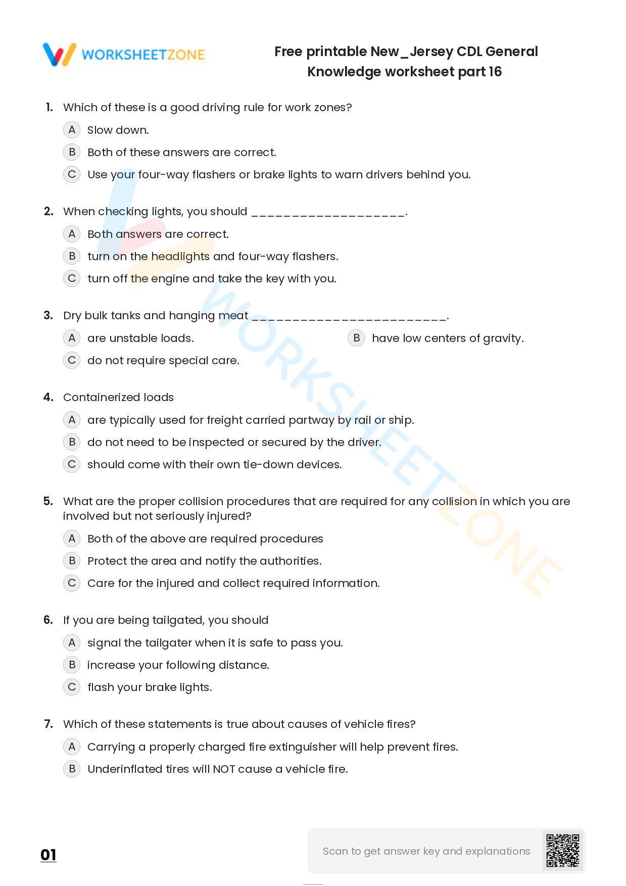 Free Printable New/Jersey CDL General Knowledge Worksheet Part 16