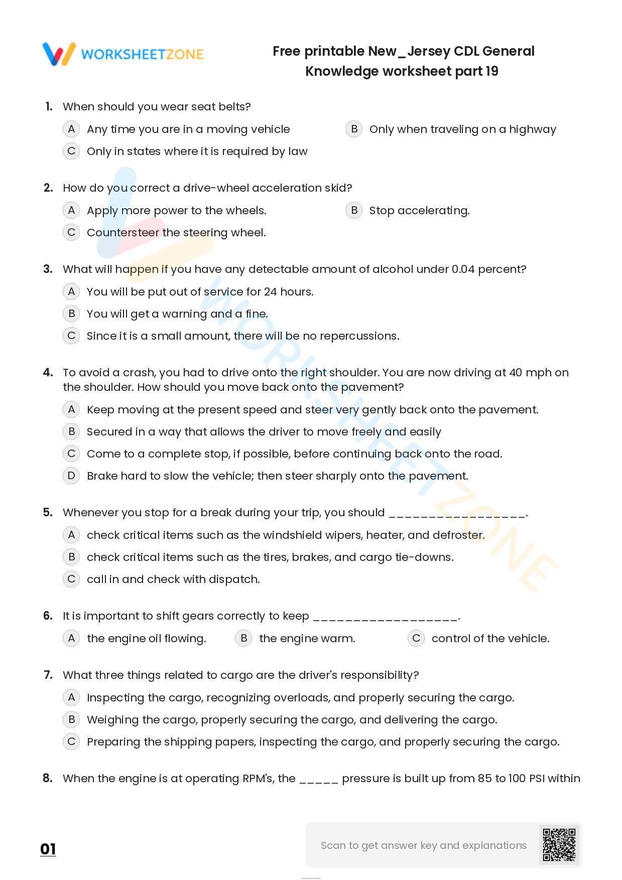 Free Printable New/Jersey CDL General Knowledge Worksheet Part 19