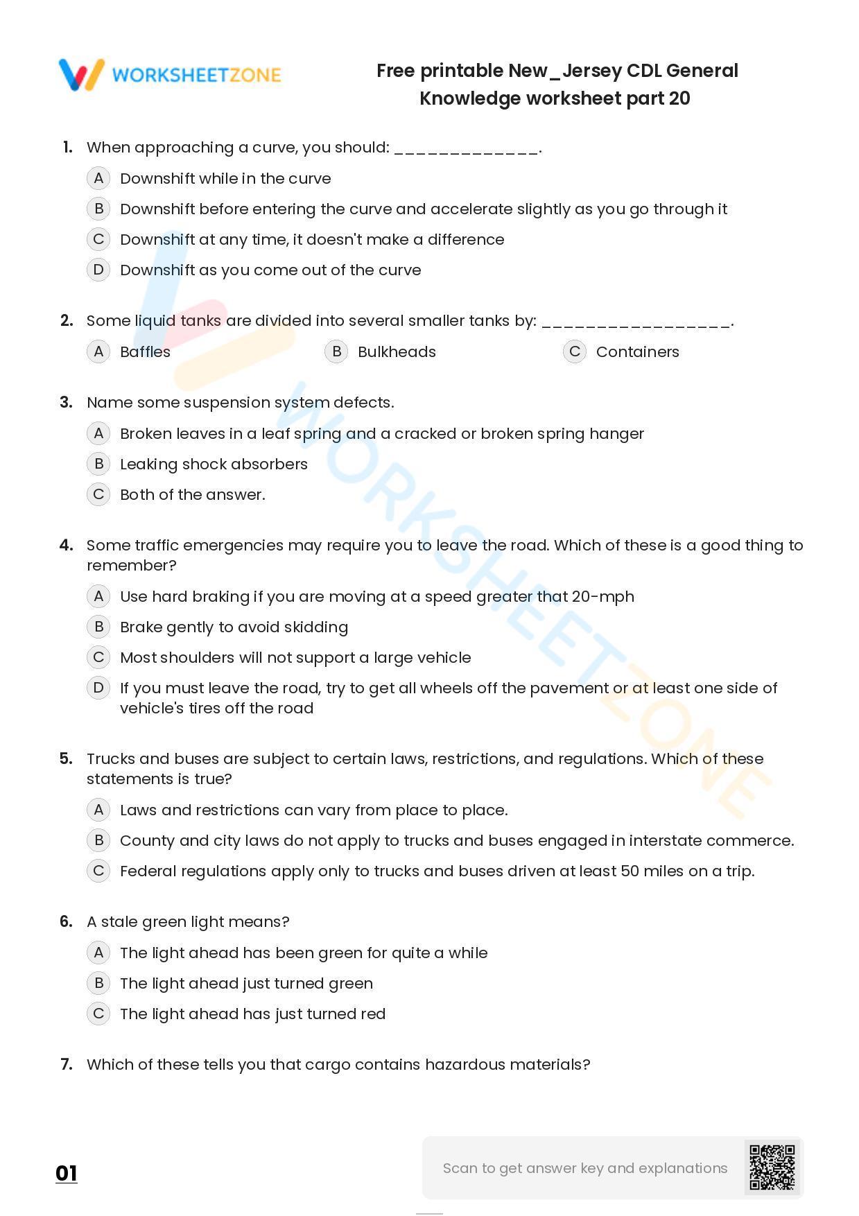 Free Printable New/Jersey CDL General Knowledge Worksheet Part 20
