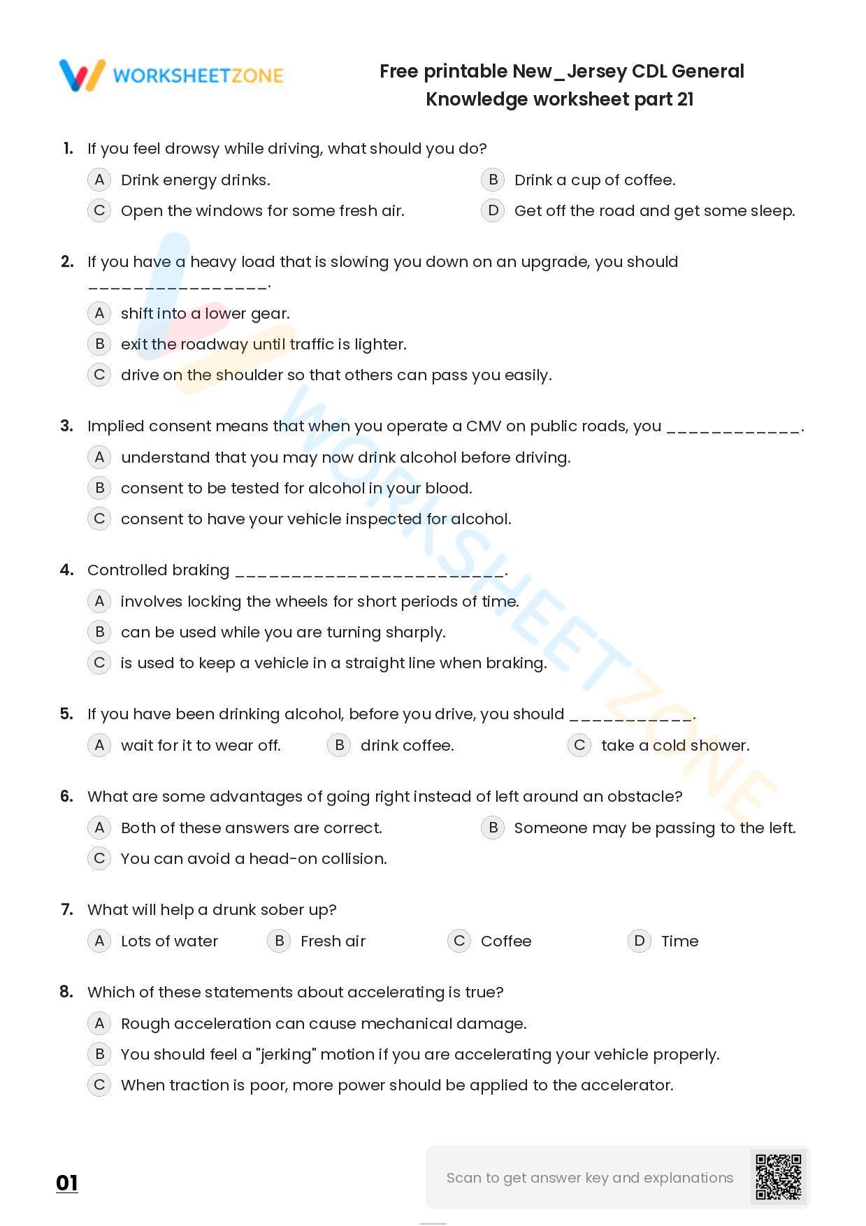 Free Printable New/Jersey CDL General Knowledge Worksheet Part 21