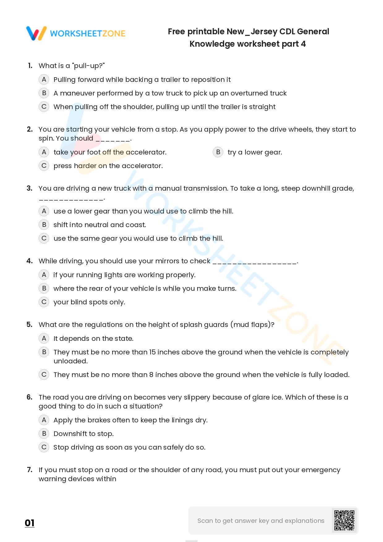 Free Printable New/Jersey CDL General Knowledge Worksheet Part 4