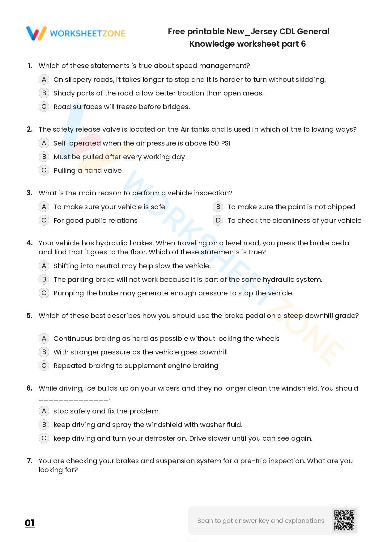 Free Printable New/Jersey CDL General Knowledge Worksheet Part 6