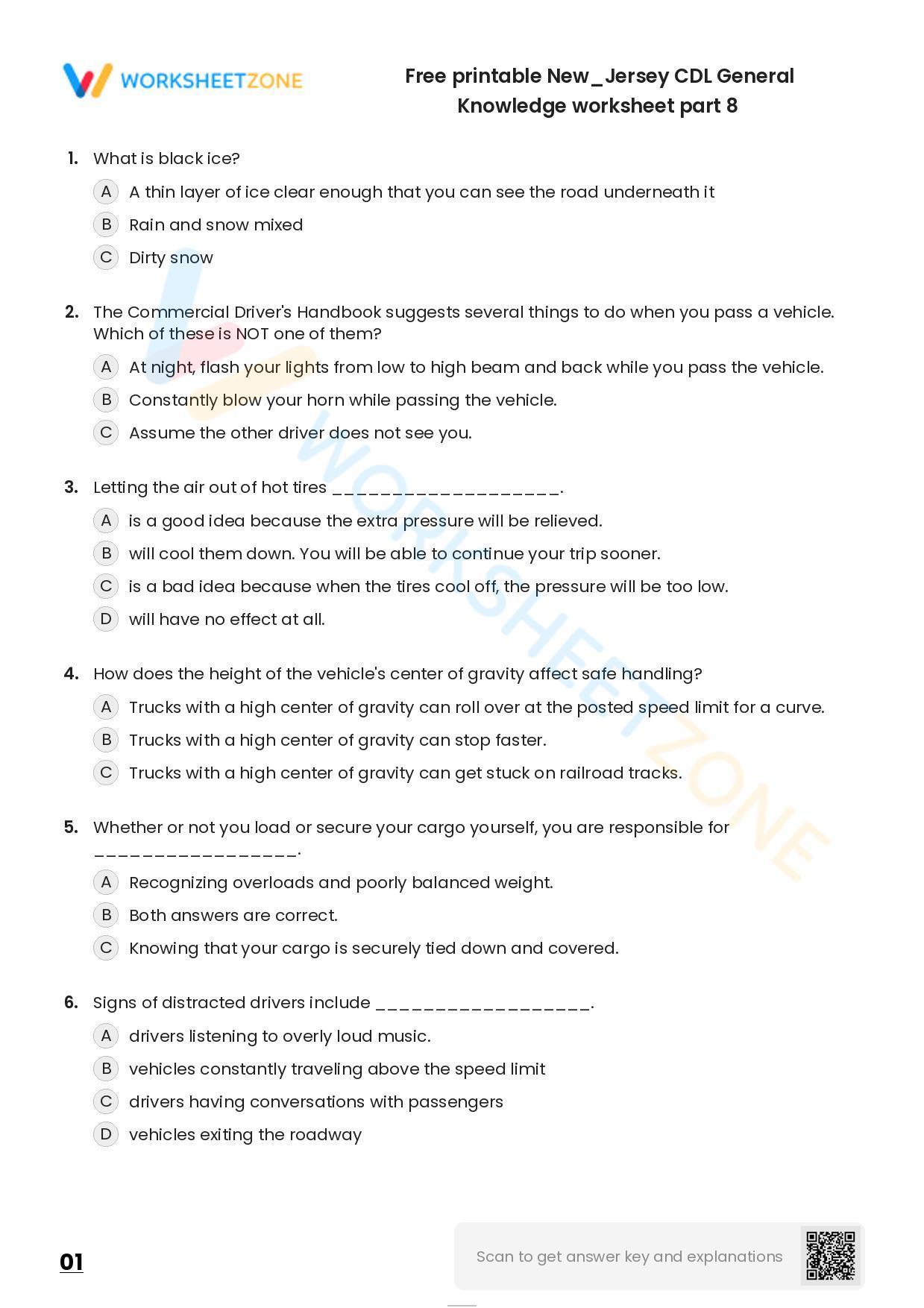 Free Printable New/Jersey CDL General Knowledge Worksheet Part 8