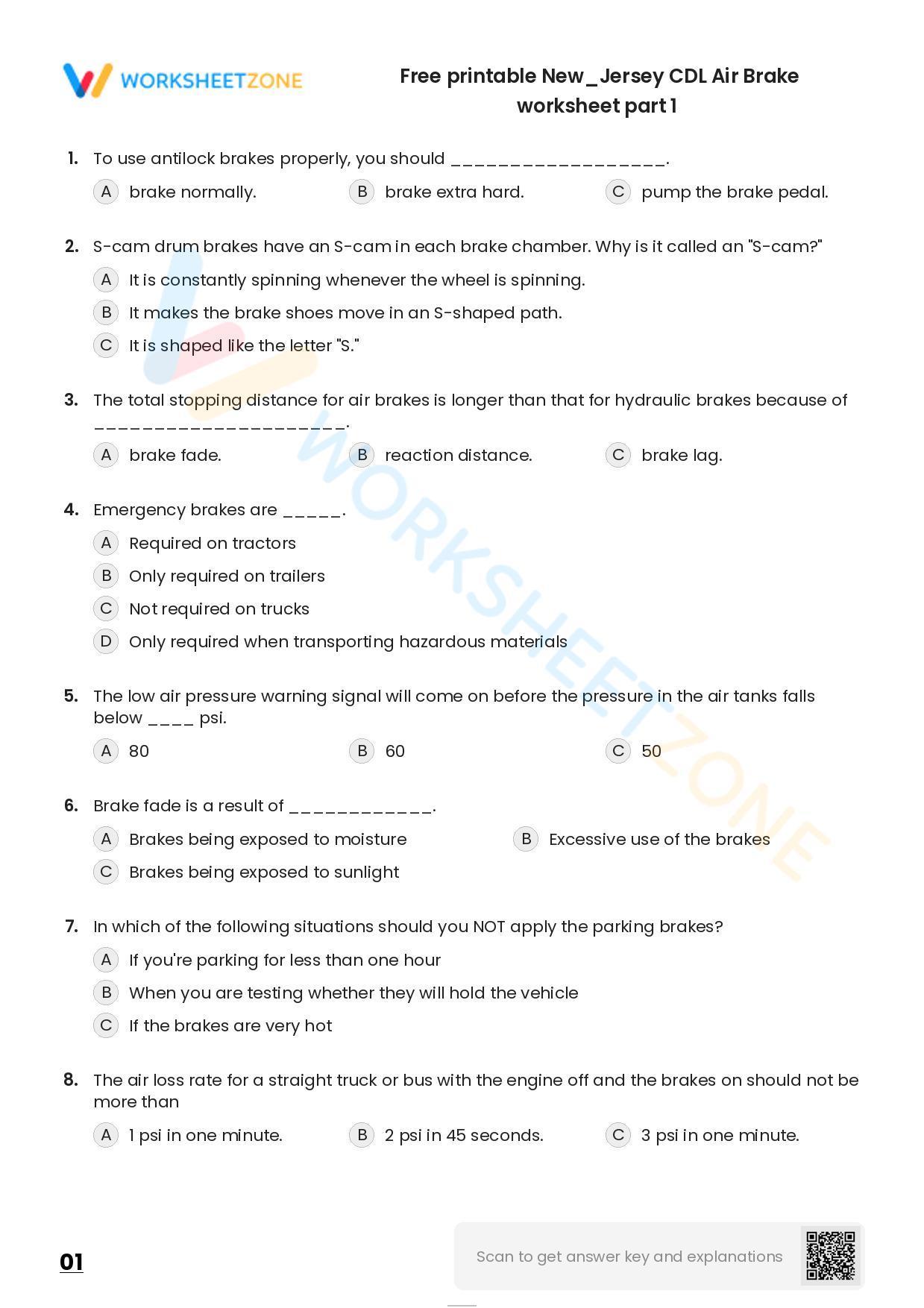 Free printable New/Jersey CDL Air Brake worksheet part 1 | Worksheetzone