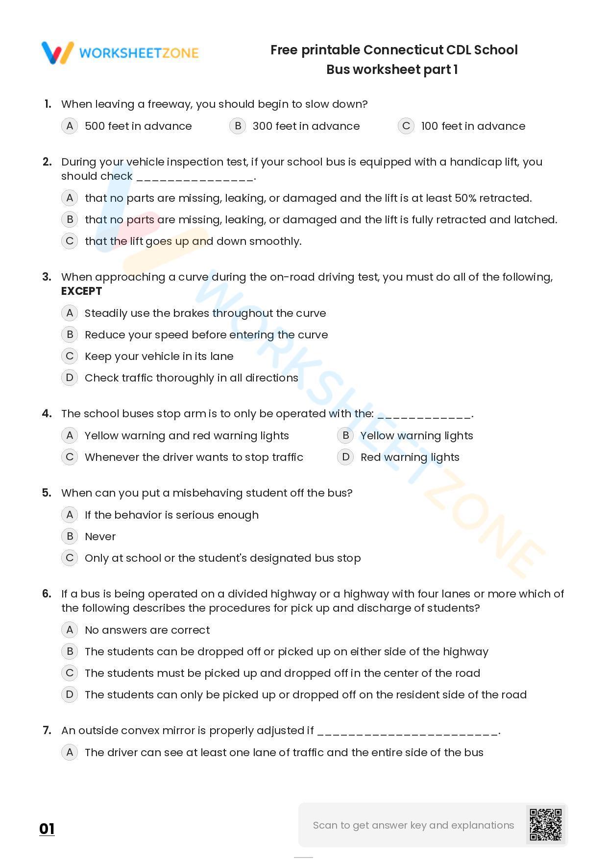Free Printable Connecticut CDL School Bus Worksheet Part 1