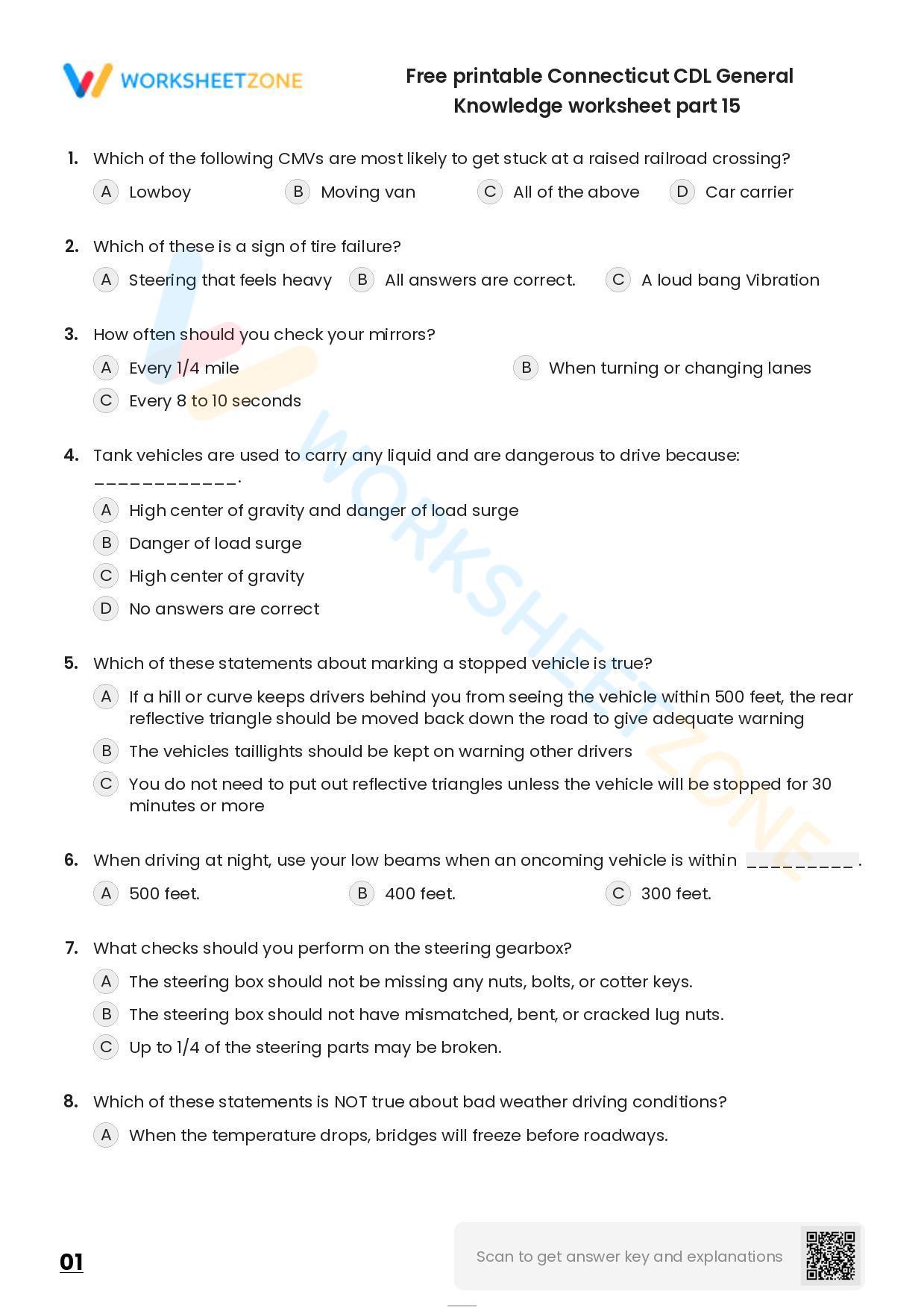 Free Printable Connecticut CDL General Knowledge Worksheet Part 15