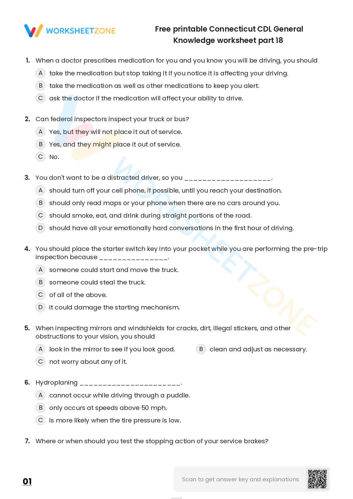 Free Printable Connecticut CDL General Knowledge Worksheet Part 18