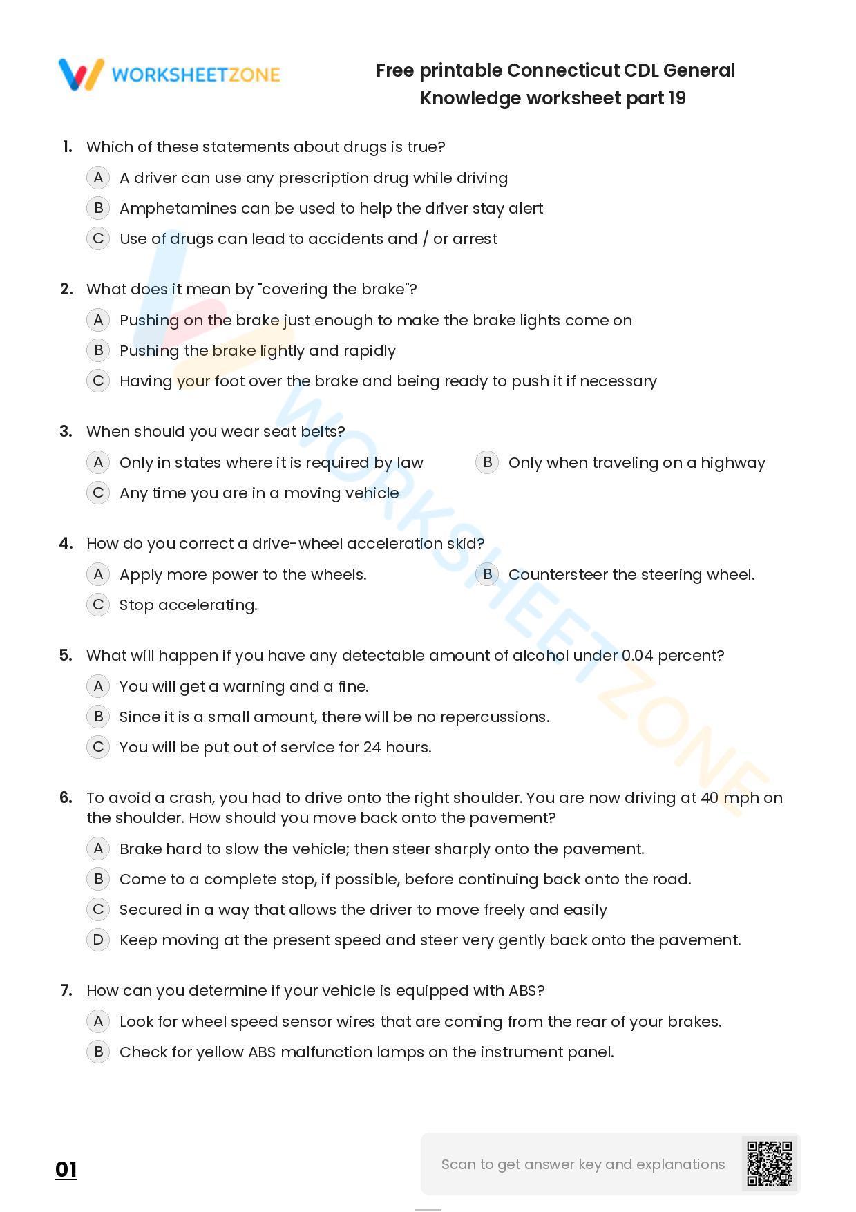 Free Printable Connecticut CDL General Knowledge Worksheet Part 19