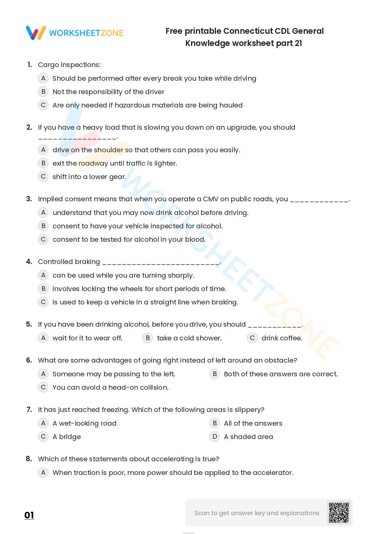 Free Printable Connecticut CDL General Knowledge Worksheet Part 21