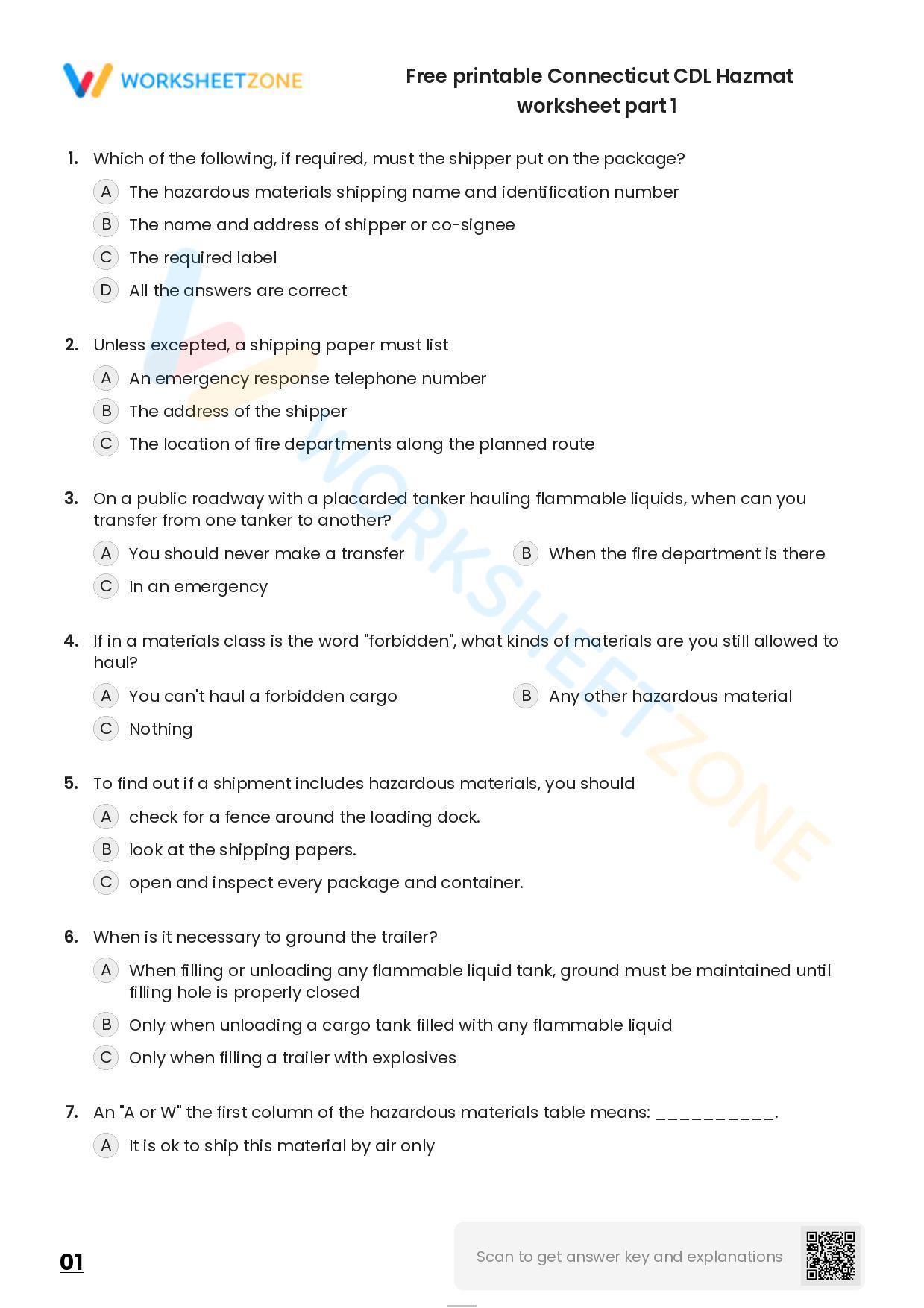 Free printable Connecticut CDL Hazmat worksheet part 8 | Worksheet Zone