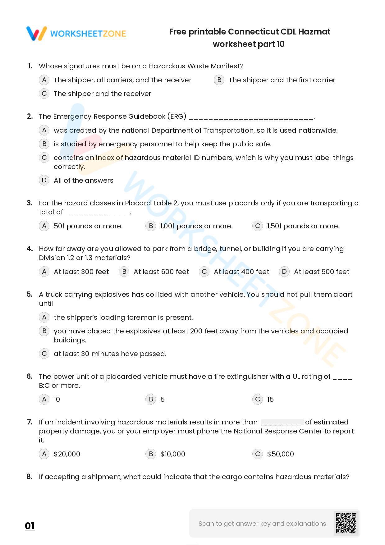 Free printable Connecticut CDL Hazmat worksheet part 8 | Worksheet Zone