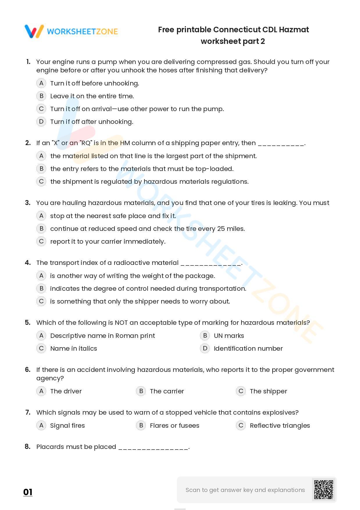 Free printable Connecticut CDL Hazmat worksheet part 8 | Worksheet Zone