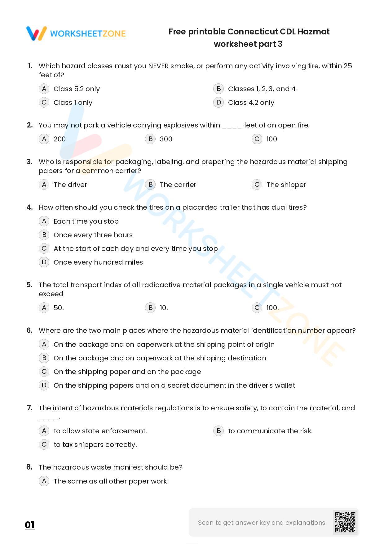 Free printable Connecticut CDL Hazmat worksheet part 8 | Worksheet Zone