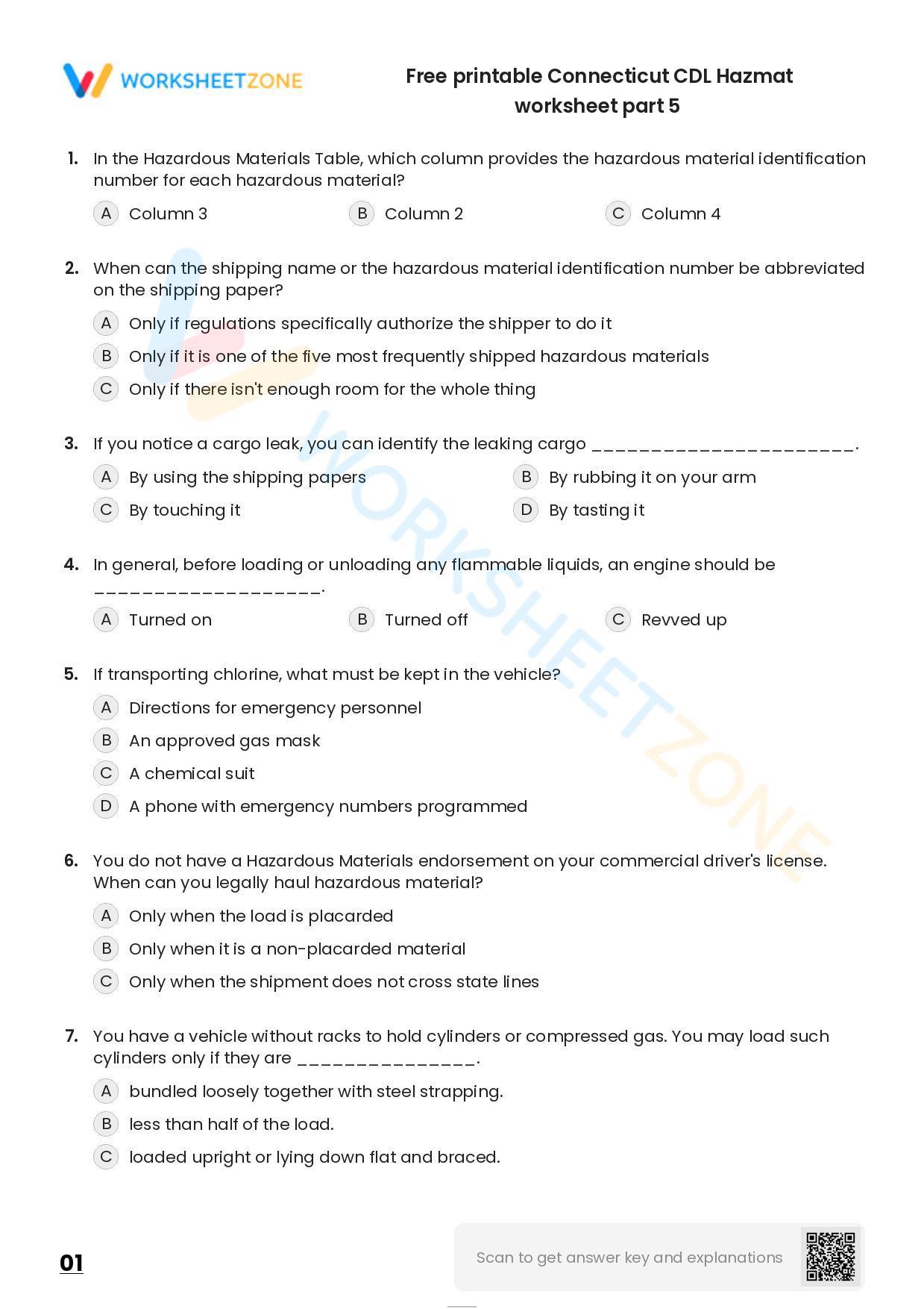 Free printable Connecticut CDL Hazmat worksheet part 8 | Worksheet Zone