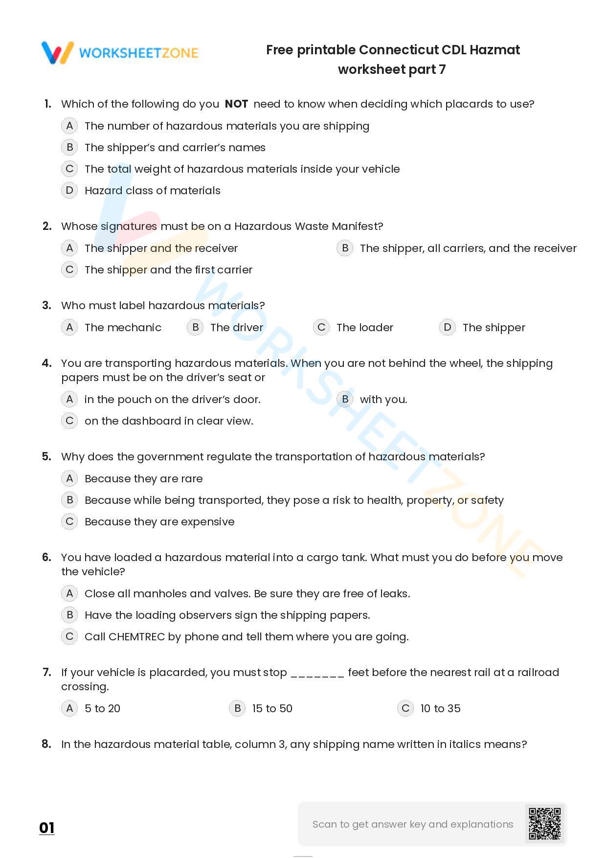 Free printable Connecticut CDL Hazmat worksheet part 8 | Worksheet Zone