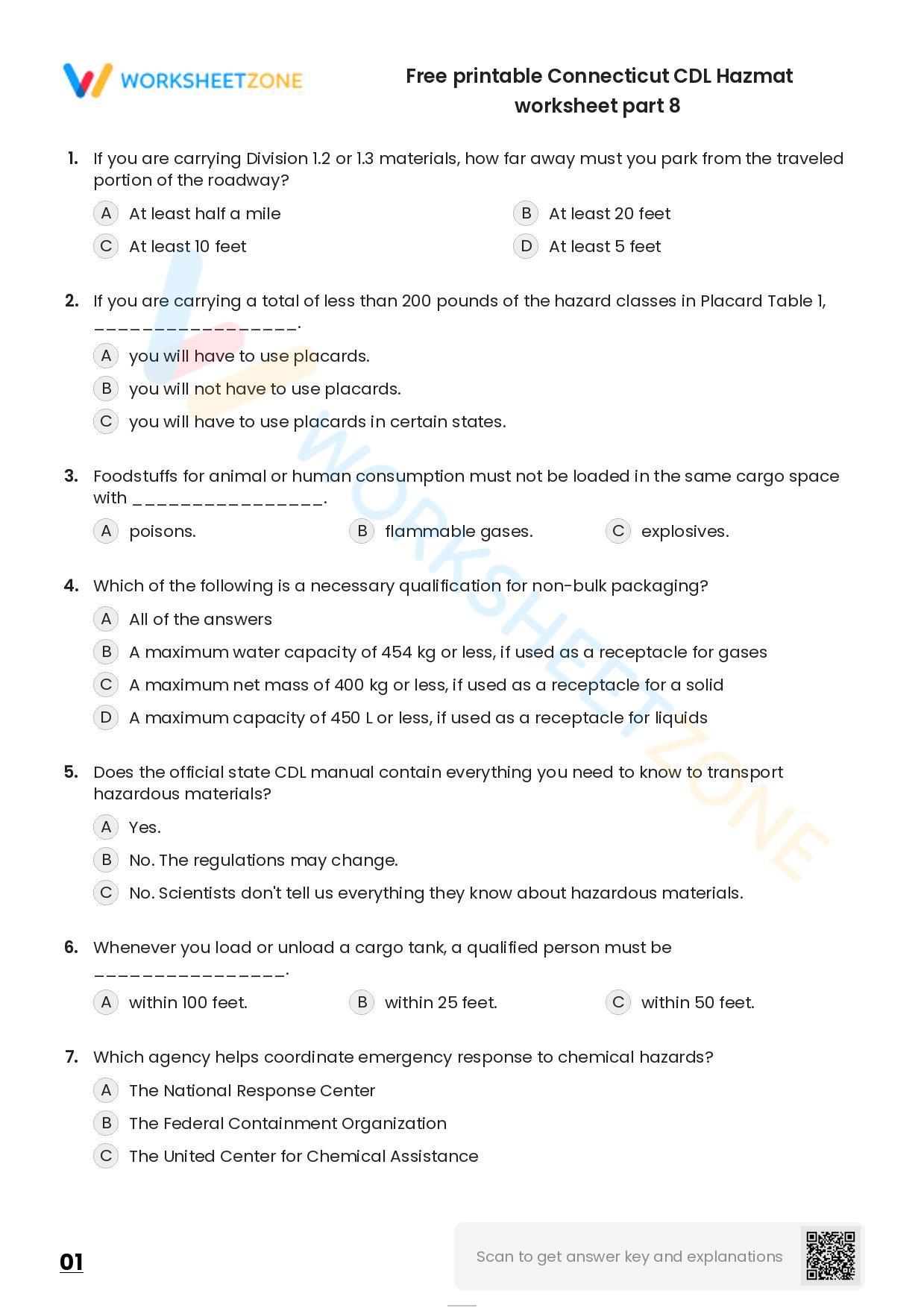 Free Printable Connecticut CDL Hazmat Worksheet Part 8