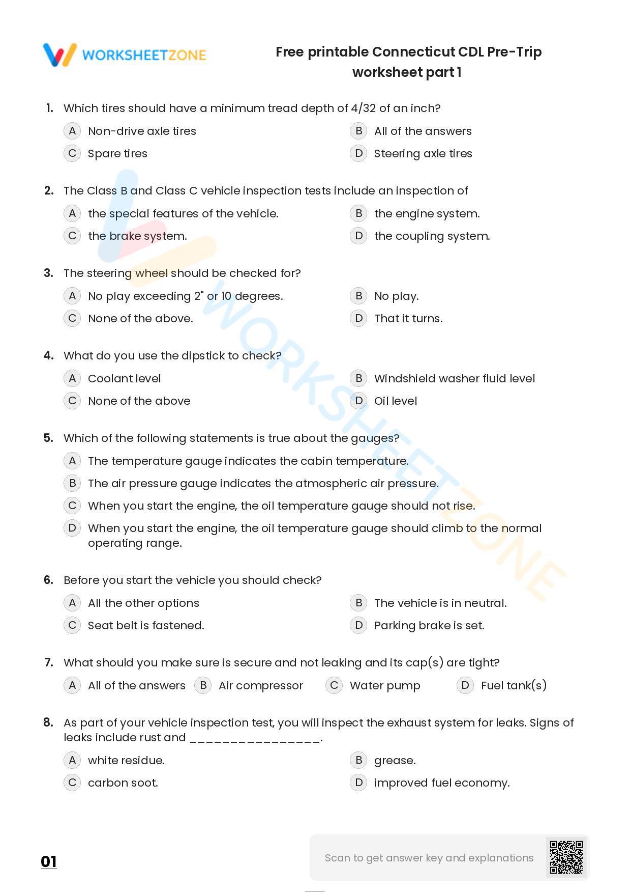 Free Printable Connecticut CDL Pre-Trip Worksheet Part 1