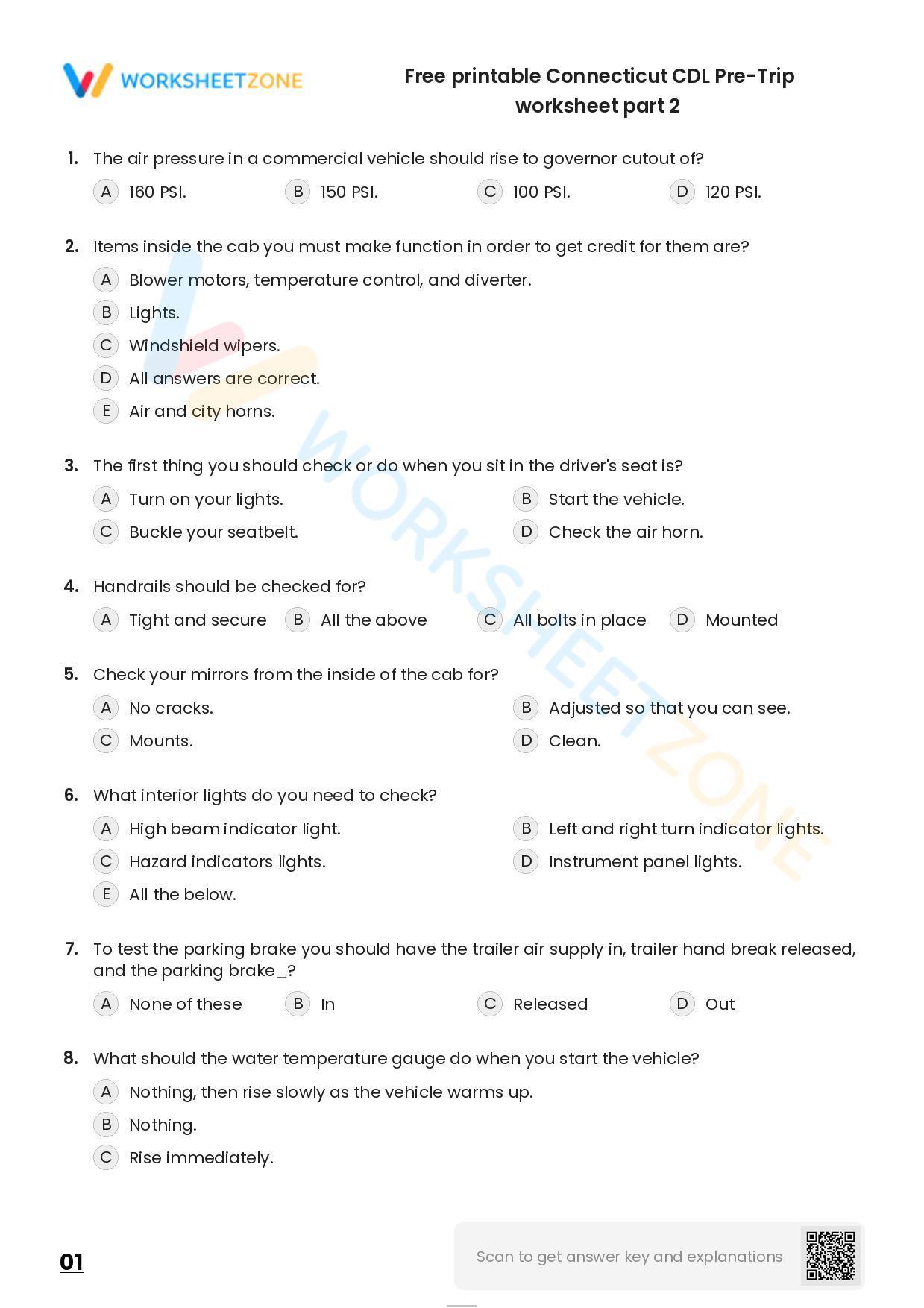 Free Printable Connecticut CDL Pre-Trip Worksheet Part 2