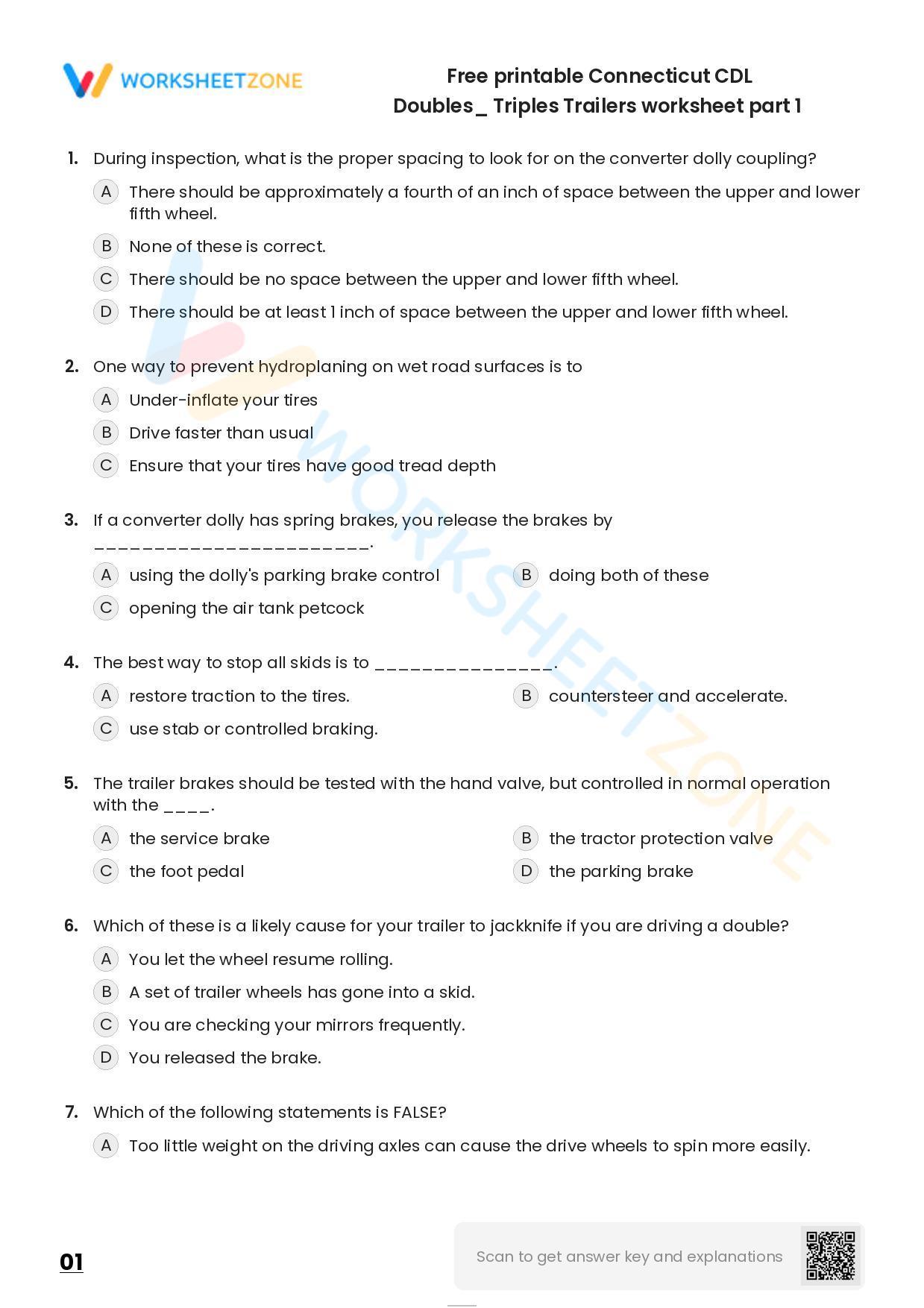 Free Printable Connecticut CDL Doubles/ Triples Trailers Worksheet Part 1
