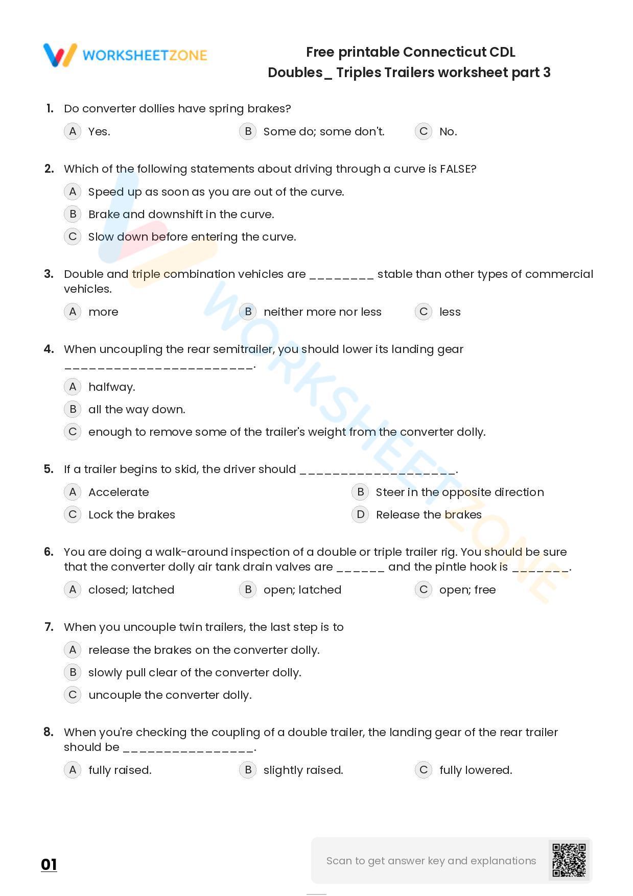 Free Printable Connecticut CDL Doubles/ Triples Trailers Worksheet Part 3