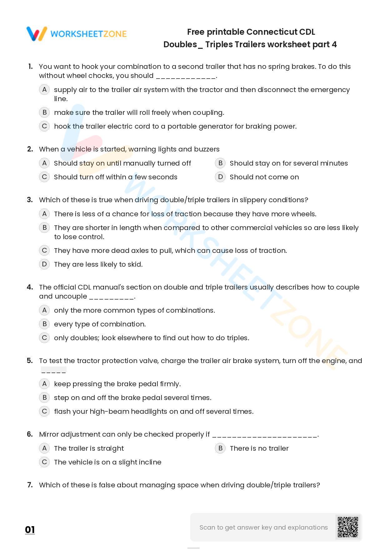 Free Printable Connecticut CDL Doubles/ Triples Trailers Worksheet Part 4