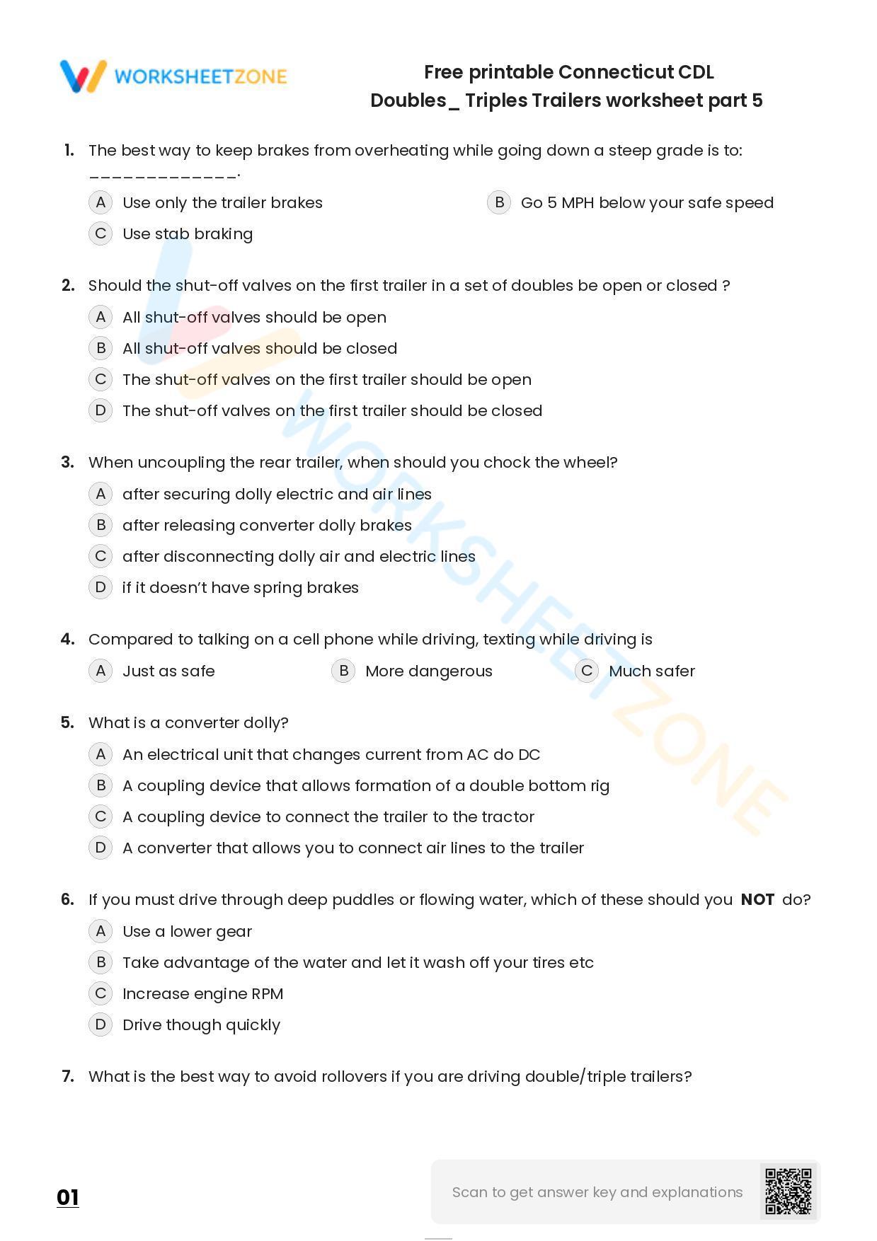 Free Printable Connecticut CDL Doubles/ Triples Trailers Worksheet Part 5