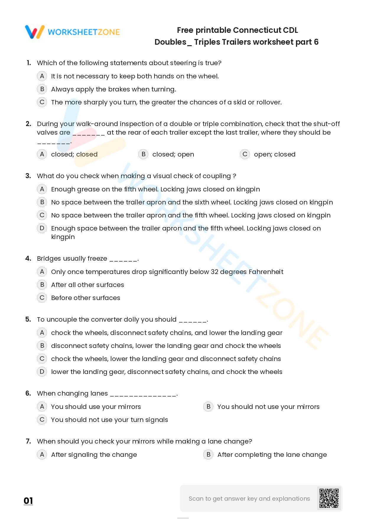 Free Printable Connecticut CDL Doubles/ Triples Trailers Worksheet Part 6
