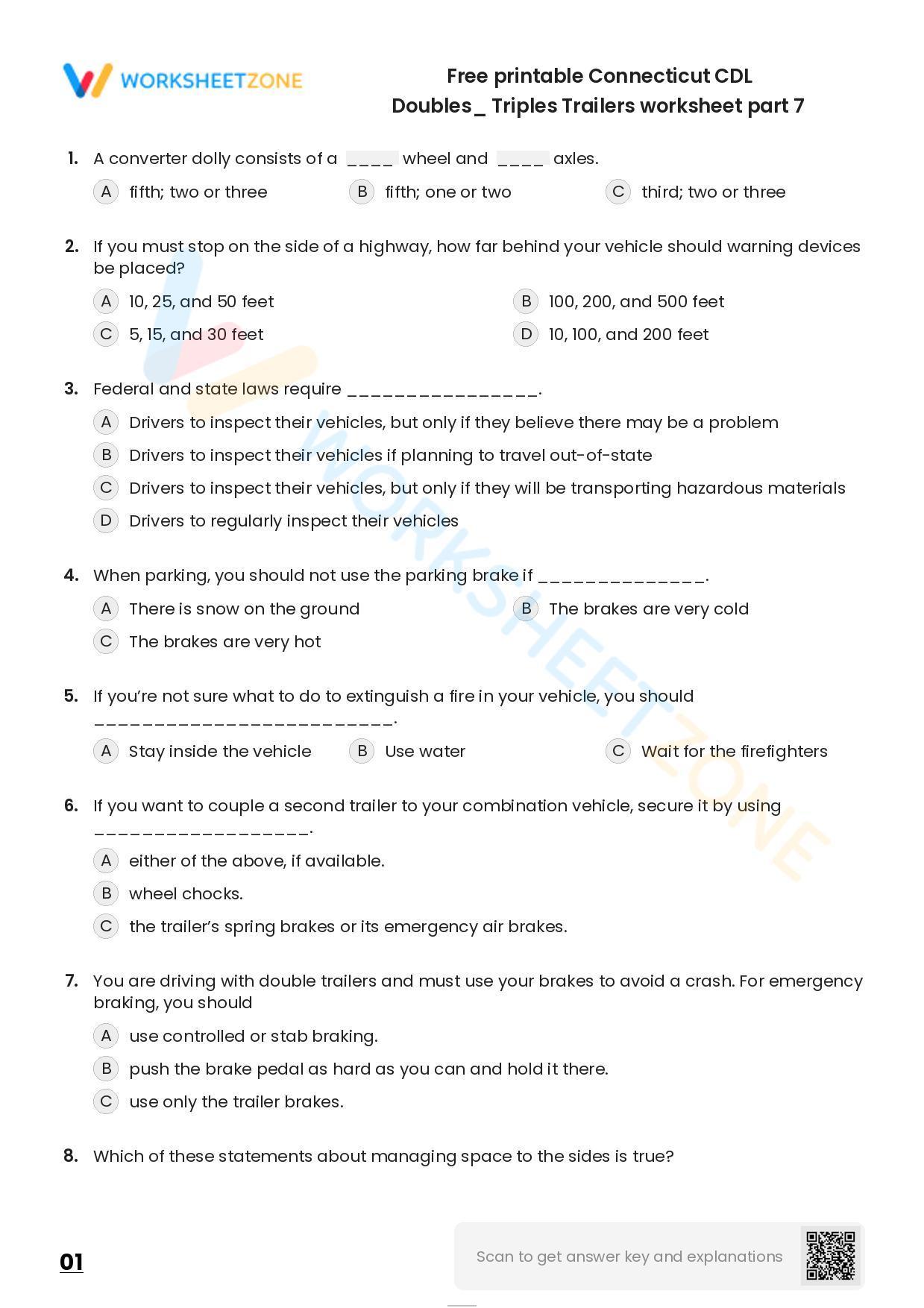 Free Printable Connecticut CDL Doubles/ Triples Trailers Worksheet Part 7
