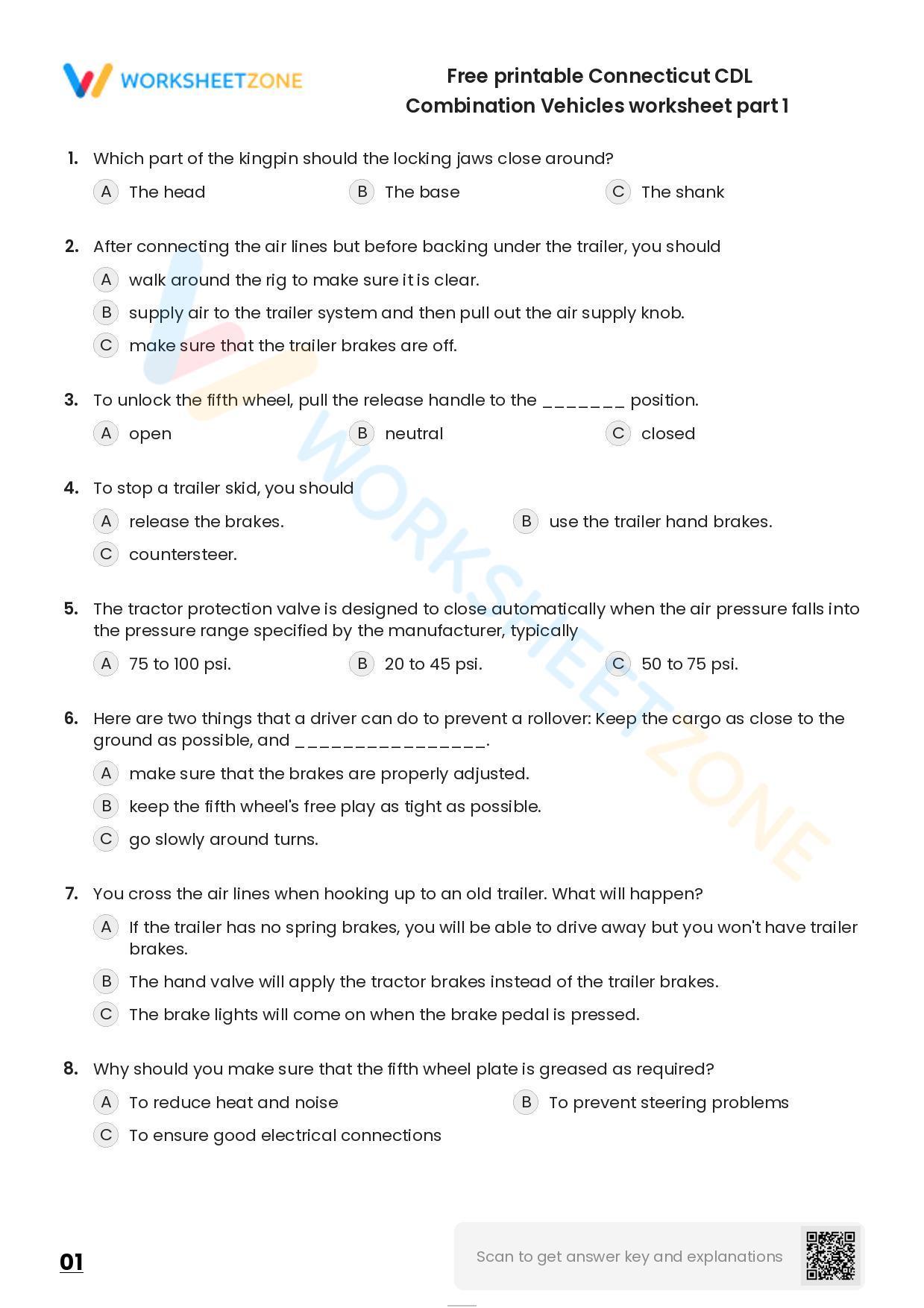 Free Printable Connecticut CDL Combination Vehicles Worksheet Part 1