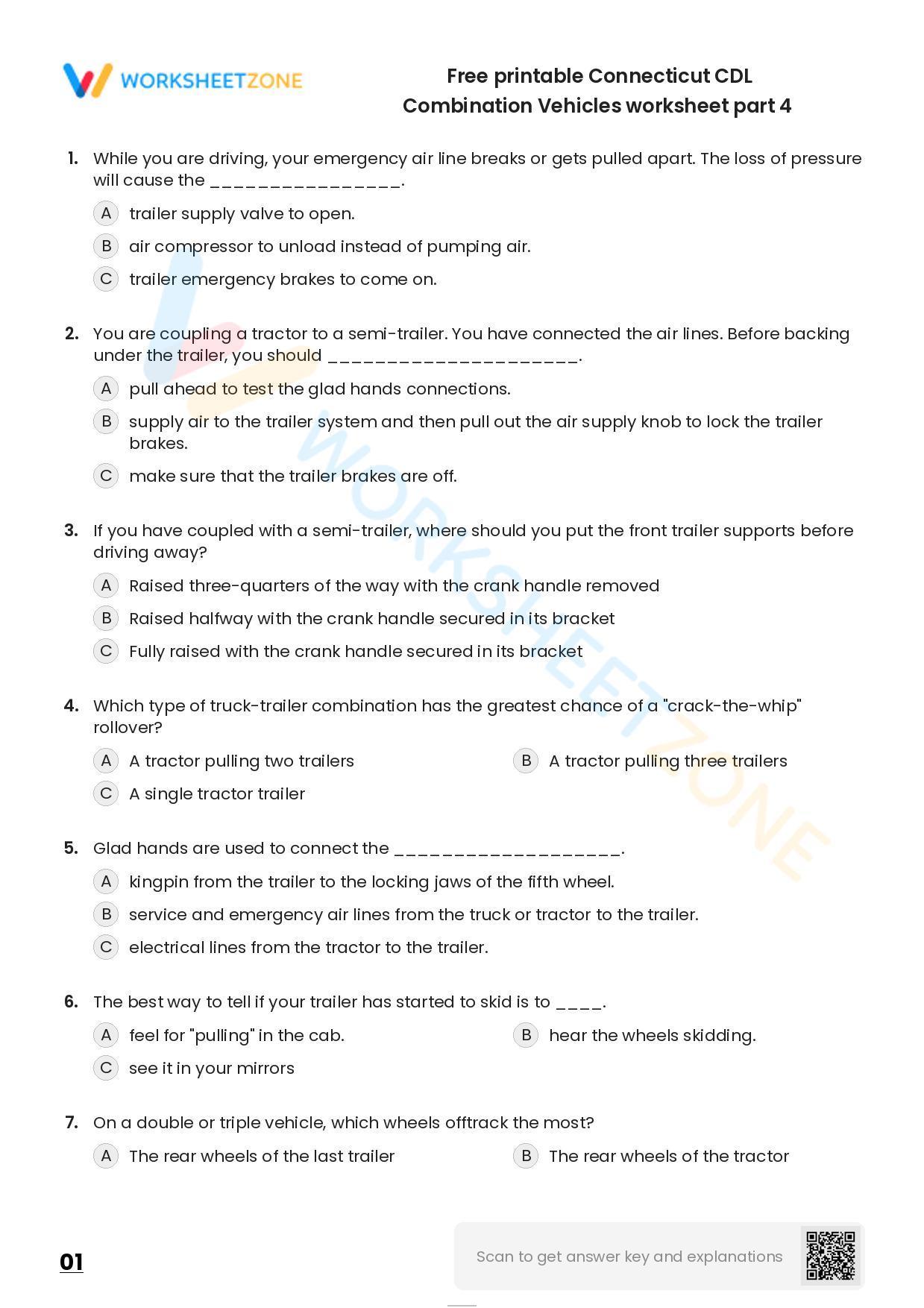Free Printable Connecticut CDL Combination Vehicles Worksheet Part 4