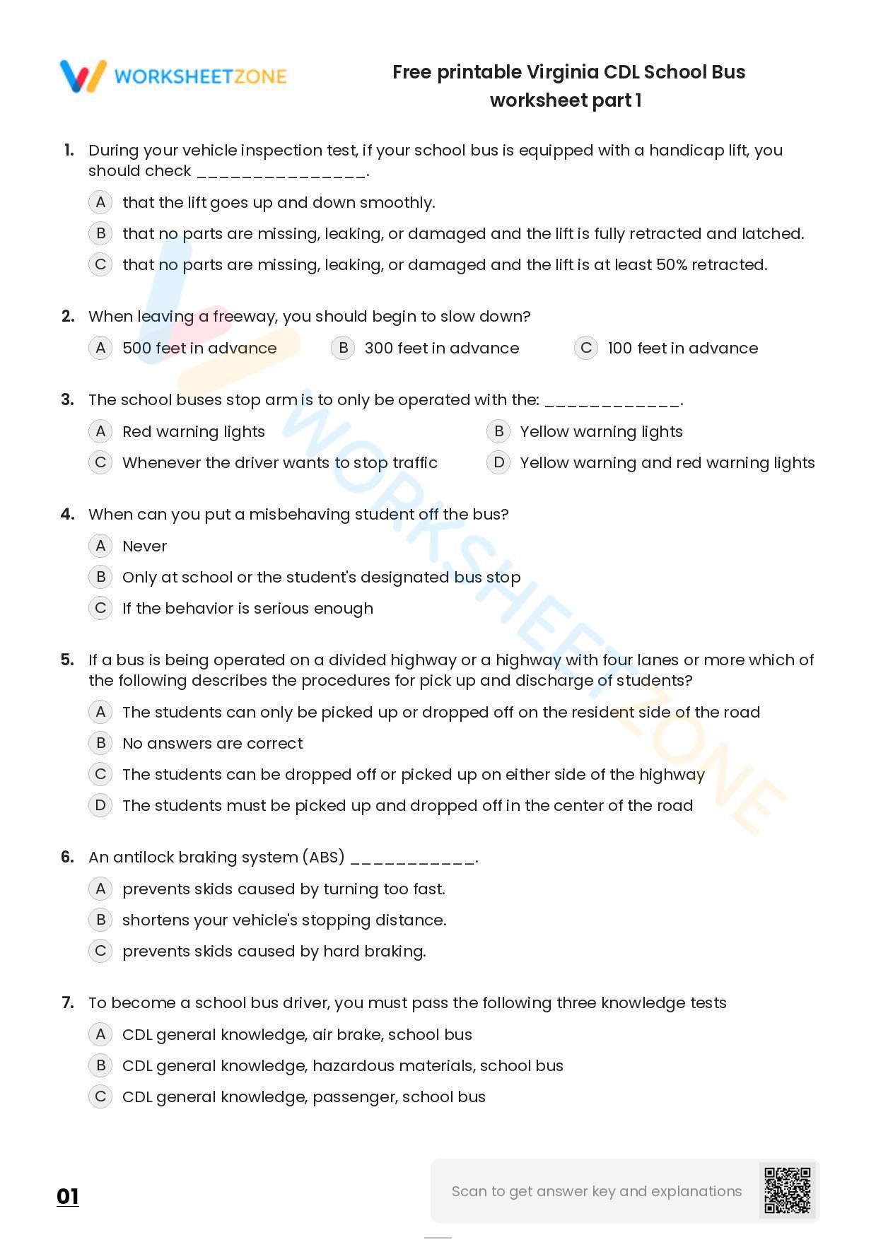 Free Printable Virginia CDL School Bus Worksheet Part 1