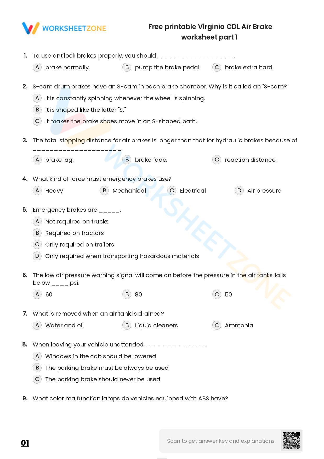 Free printable Virginia CDL Air Brake worksheet part 1 | Worksheet Zone