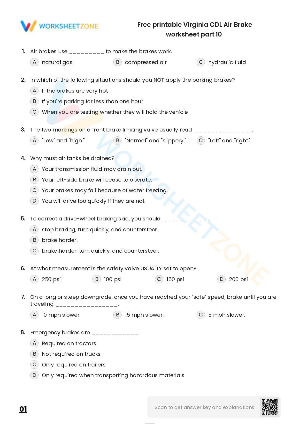 Free Printable Virginia CDL Air Brake Worksheet Part 10
