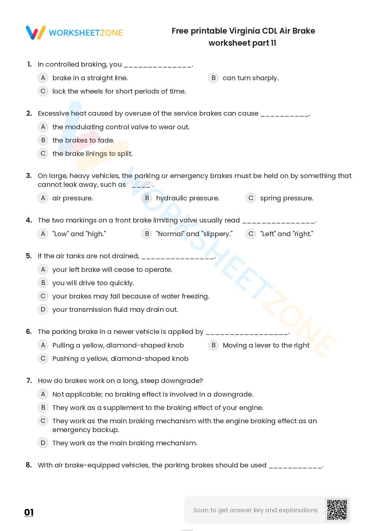 Free printable Virginia CDL Air Brake worksheet part 1 | Worksheet Zone