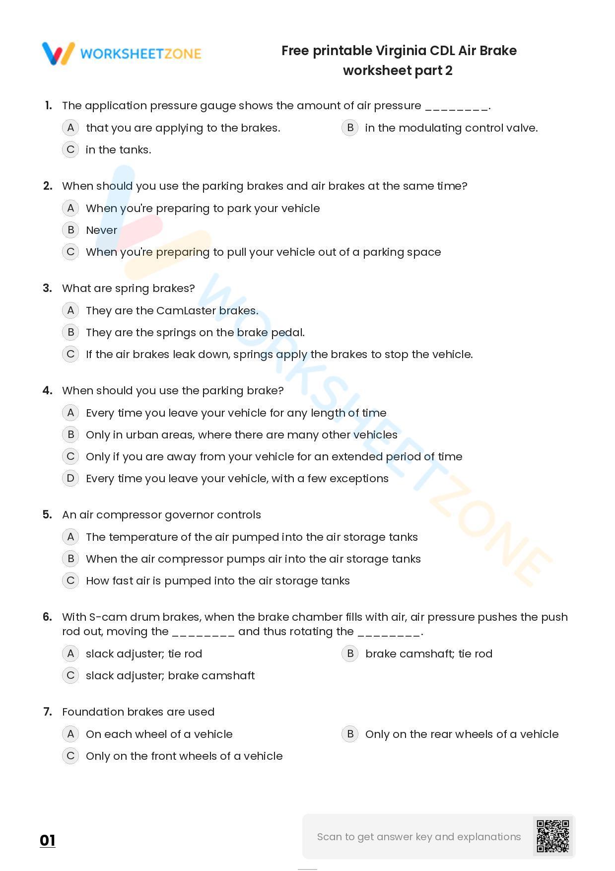 Free Printable Virginia CDL Air Brake Worksheet Part 2