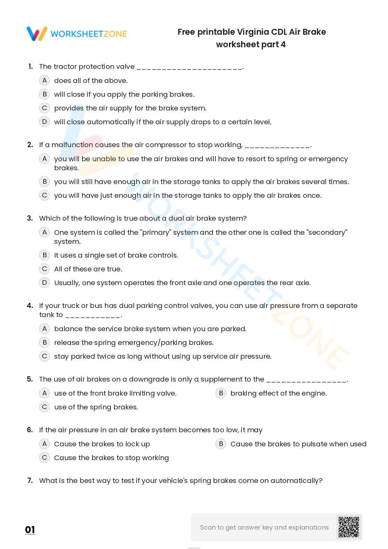 Free Printable Virginia CDL Air Brake Worksheet Part 4