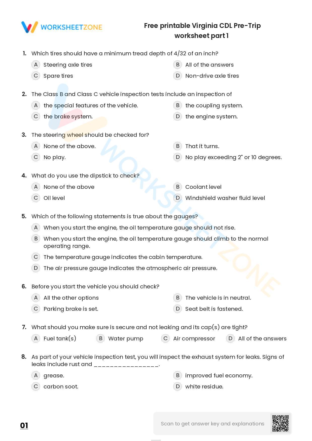 Free Printable Virginia CDL Pre-Trip Worksheet Part 1