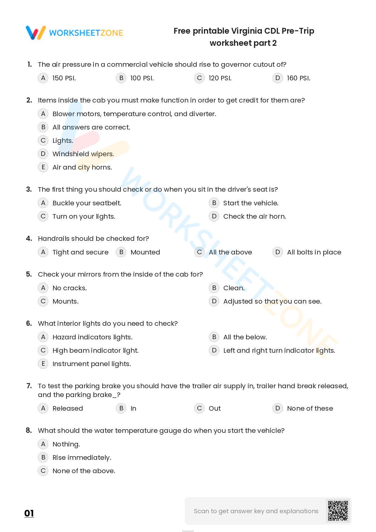Free Printable Virginia CDL Pre-Trip Worksheet Part 2