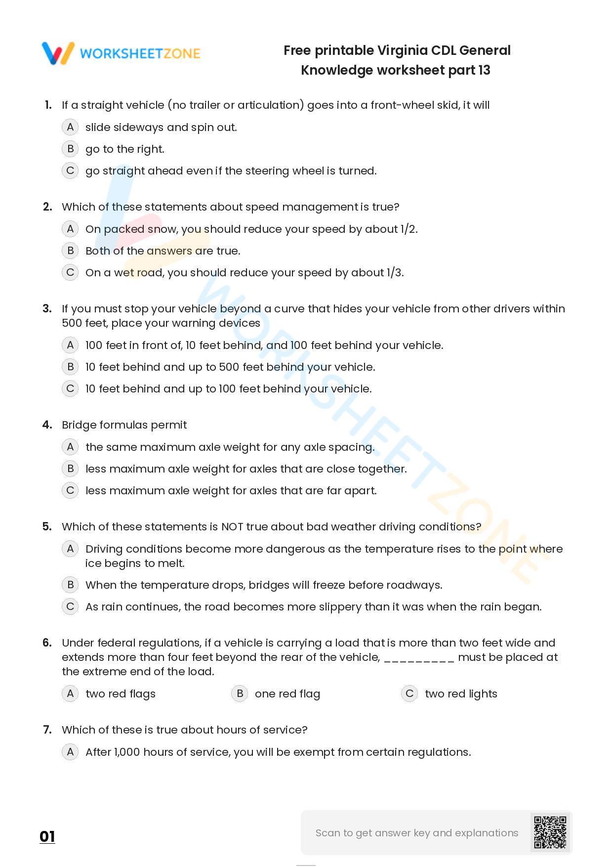Free Printable Virginia CDL General Knowledge Worksheet Part 13