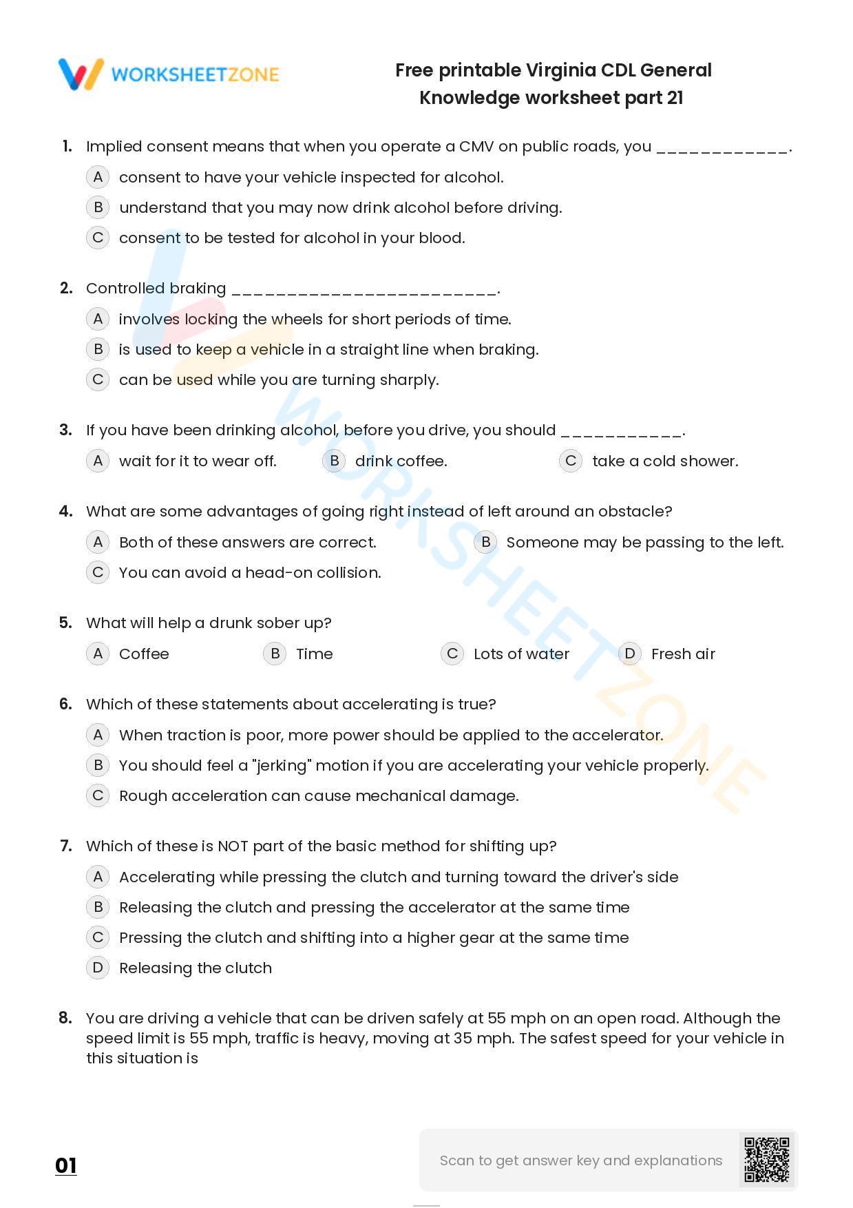 Free Printable Virginia CDL General Knowledge Worksheet Part 21