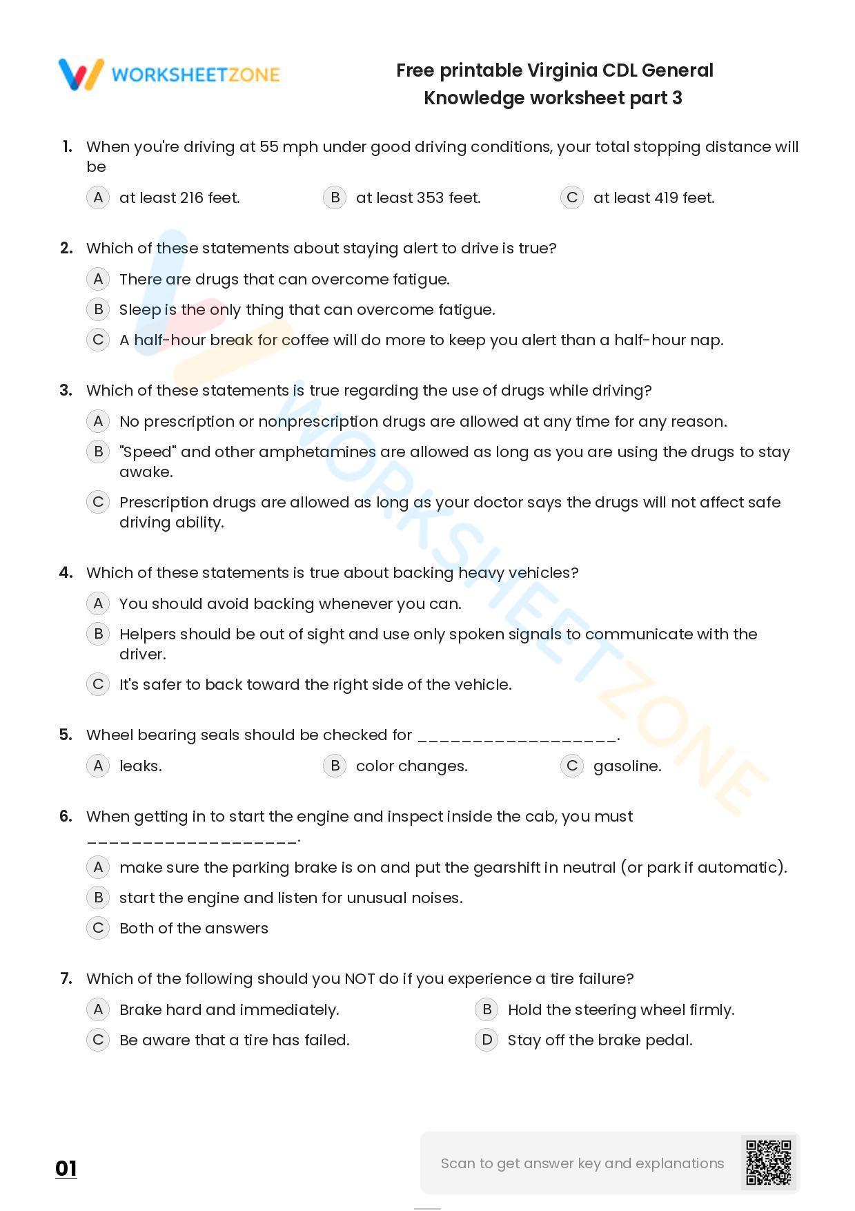 Free Printable Virginia CDL General Knowledge Worksheet Part 3
