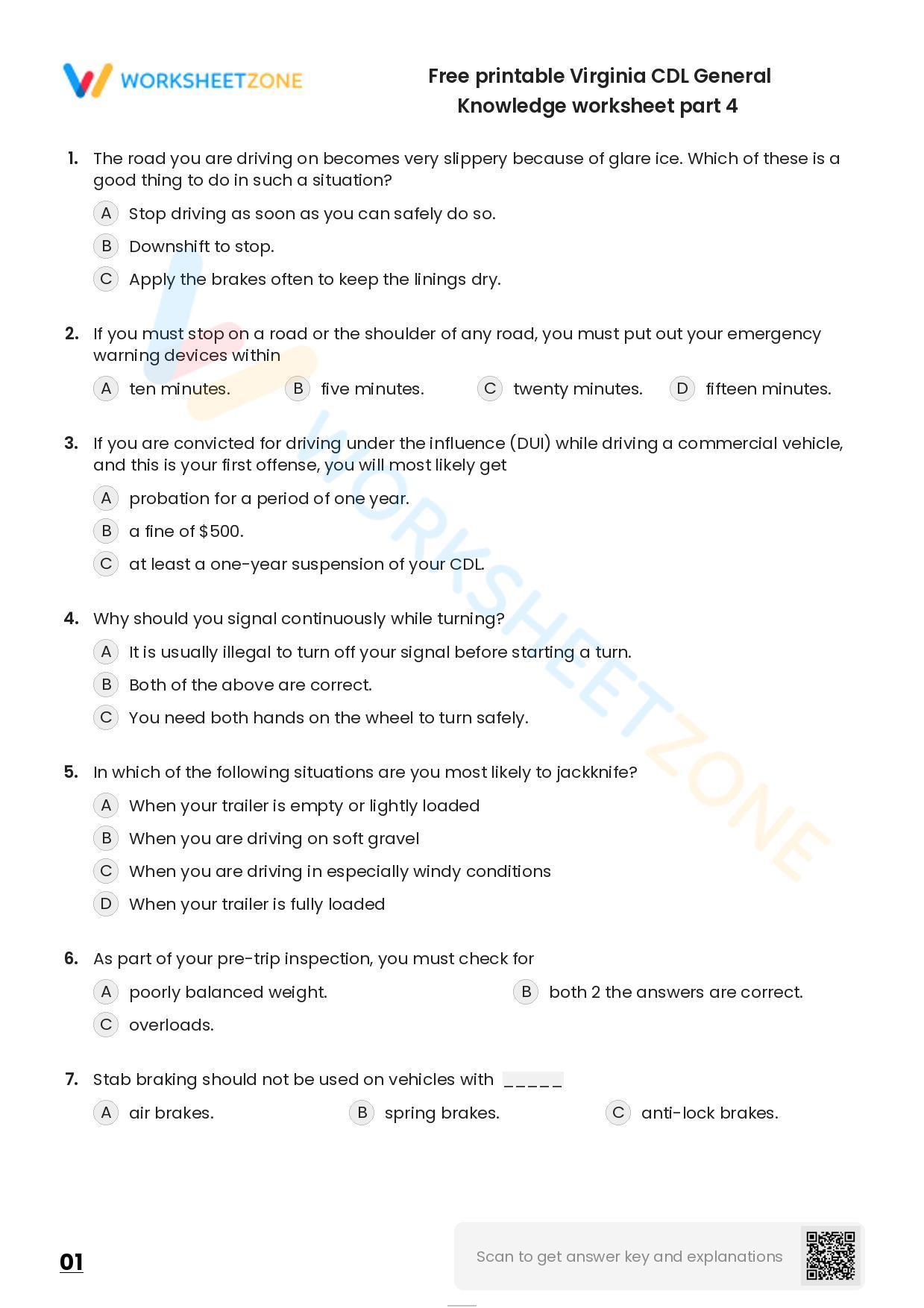 Free Printable Virginia CDL General Knowledge Worksheet Part 4