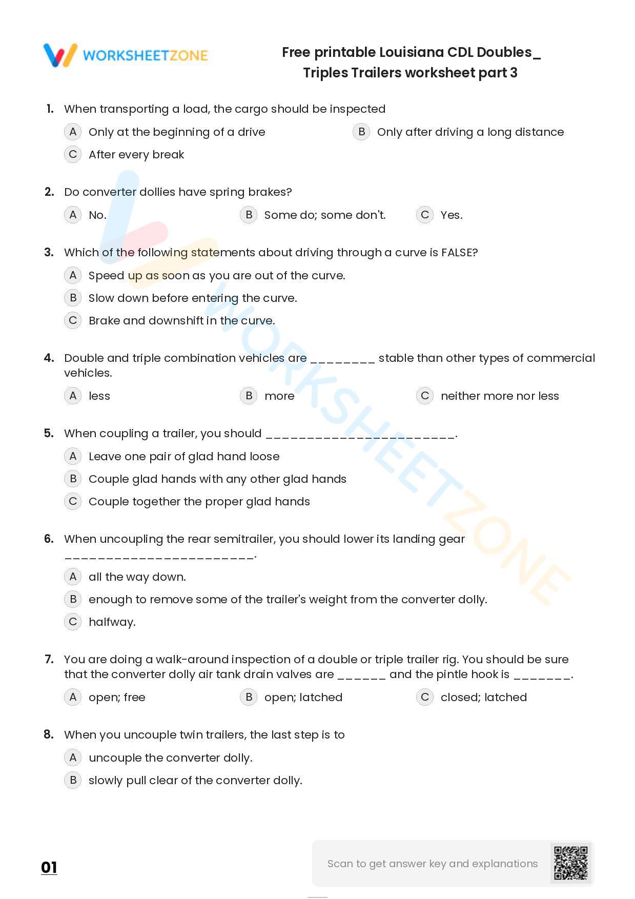Free Printable Louisiana CDL Doubles/ Triples Trailers Worksheet Part 3