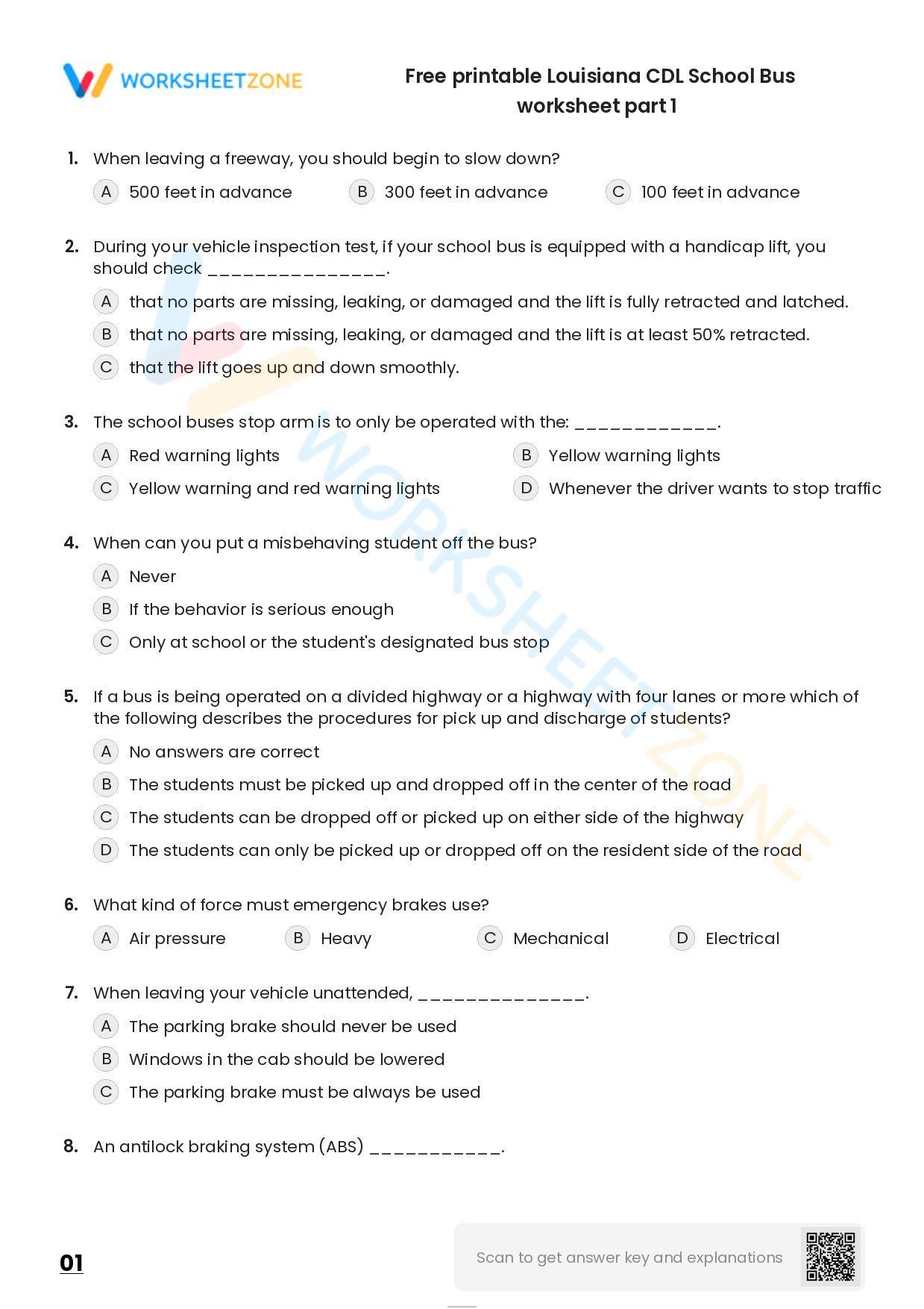 Free Printable Louisiana CDL School Bus Worksheet Part 1