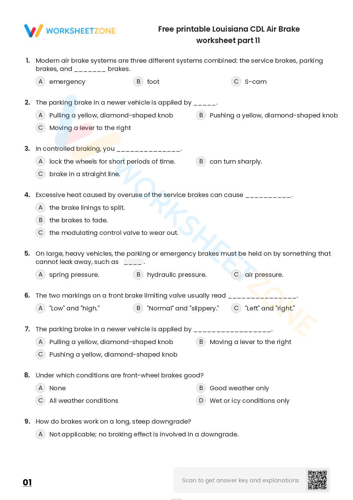 Free printable Louisiana CDL Air Brake worksheet part 10 | Worksheet Zone