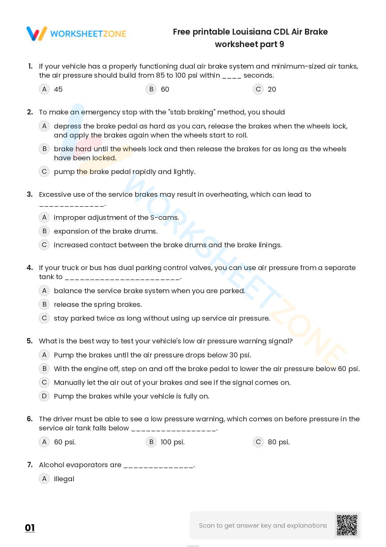 Free printable Louisiana CDL Air Brake worksheet part 9 | Worksheet Zone