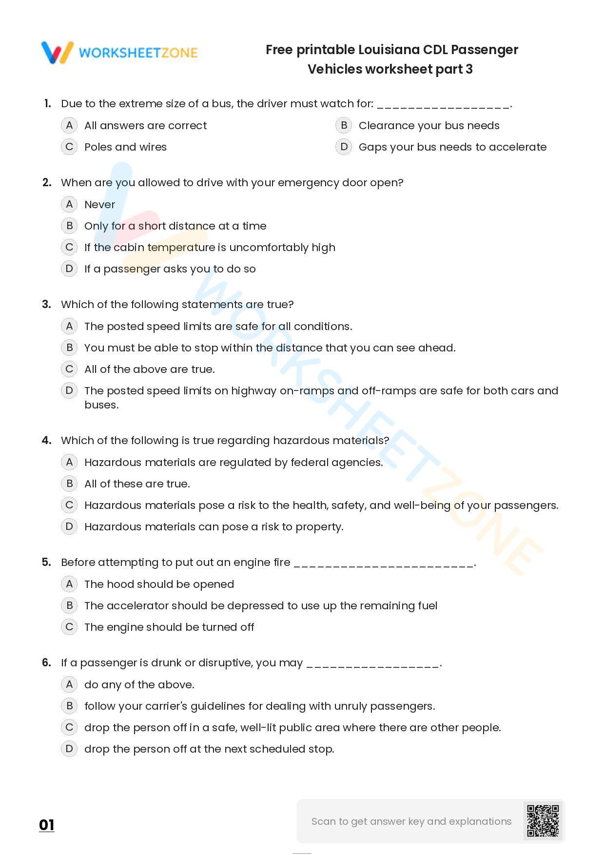 Free Printable Louisiana CDL Passenger Vehicles Worksheet Part 3