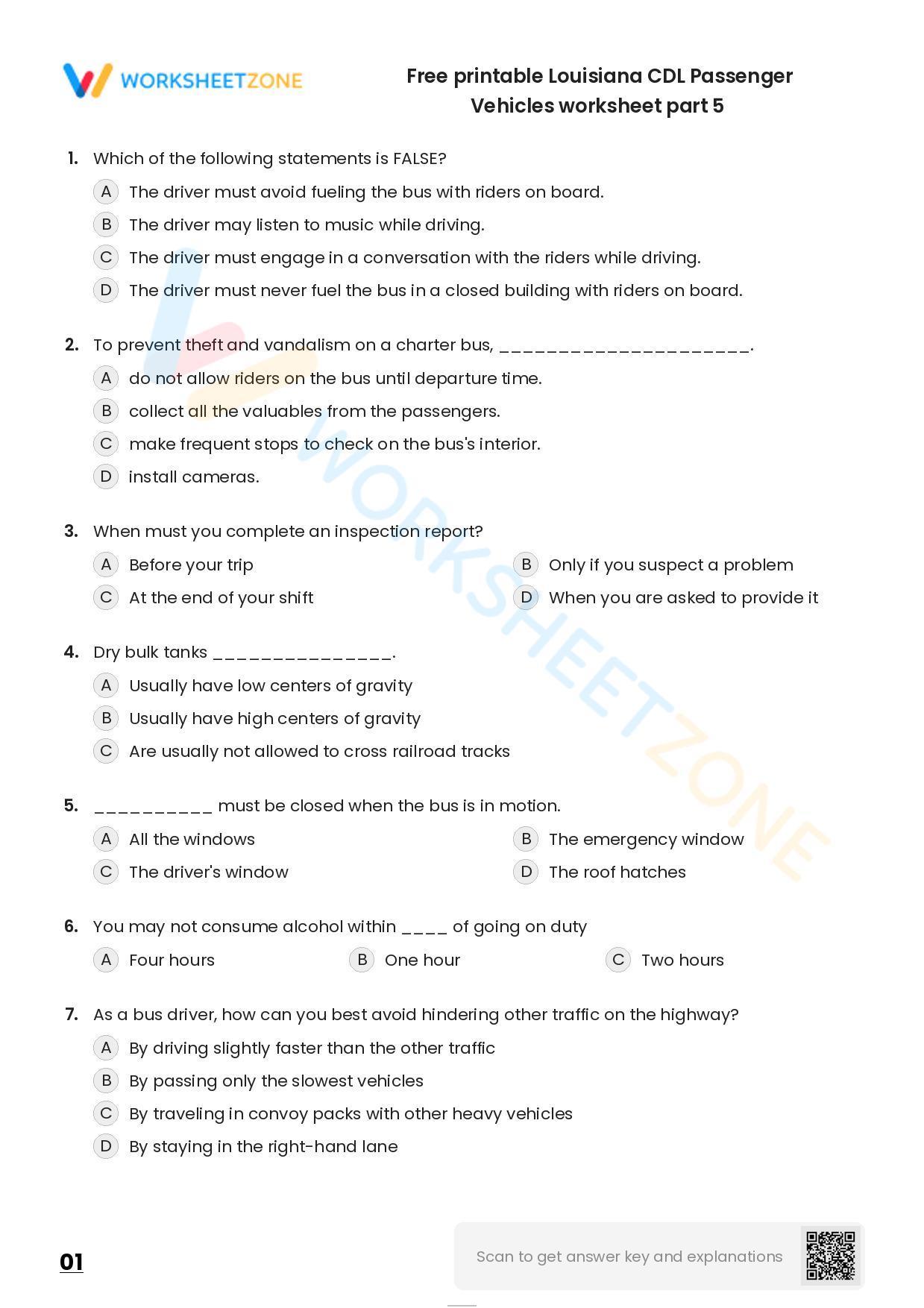 Free Printable Louisiana CDL Passenger Vehicles Worksheet Part 5